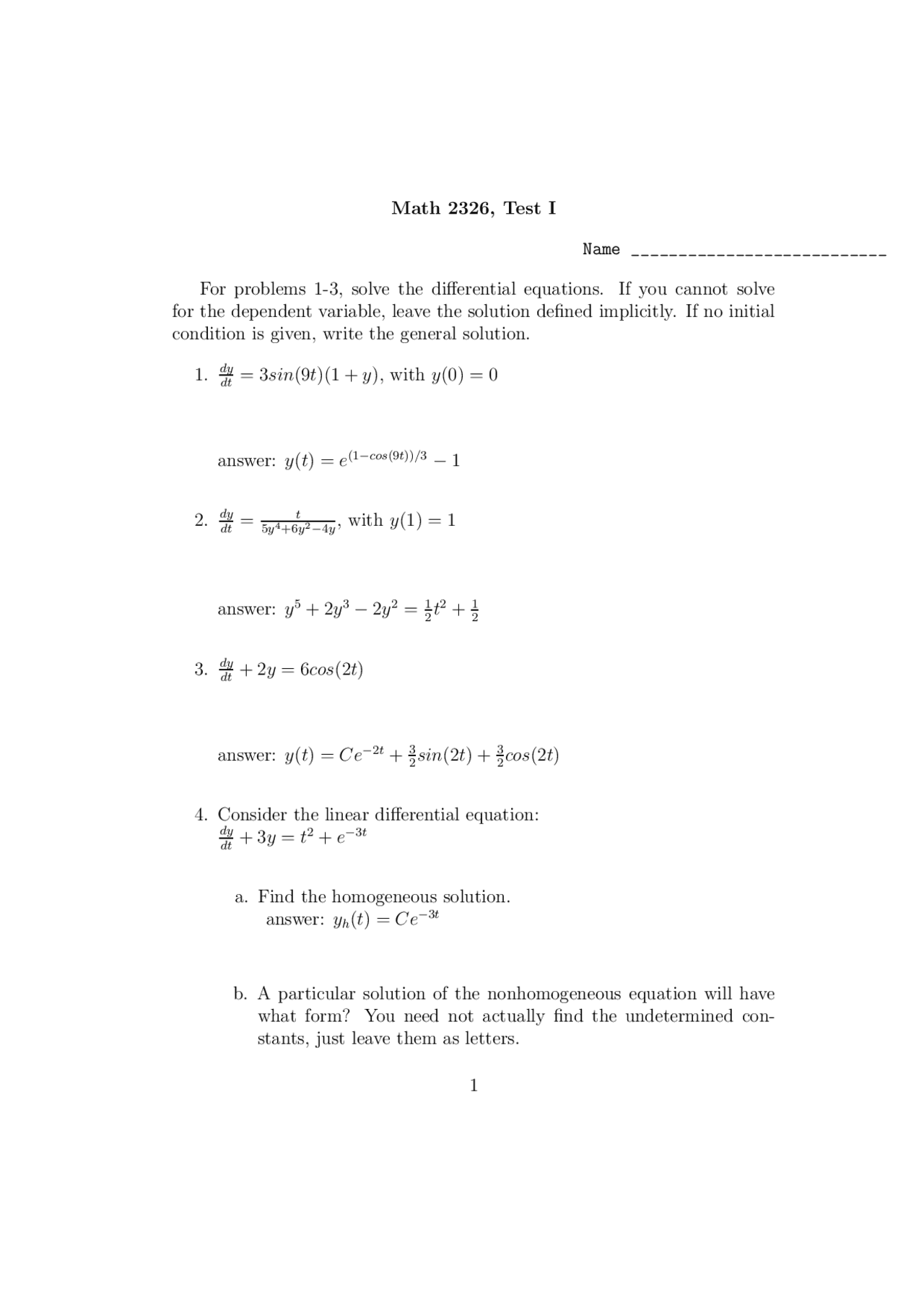 6 Questions of General Solution - Differential Equations | Exam 1 ...