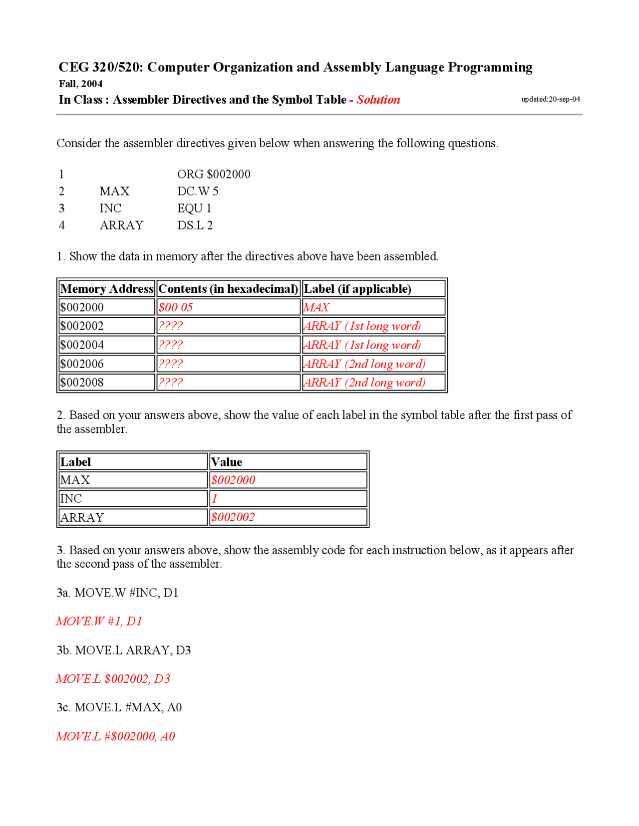 Assembler Directives And The Symbol Table Solutions Ceg 320 Docsity