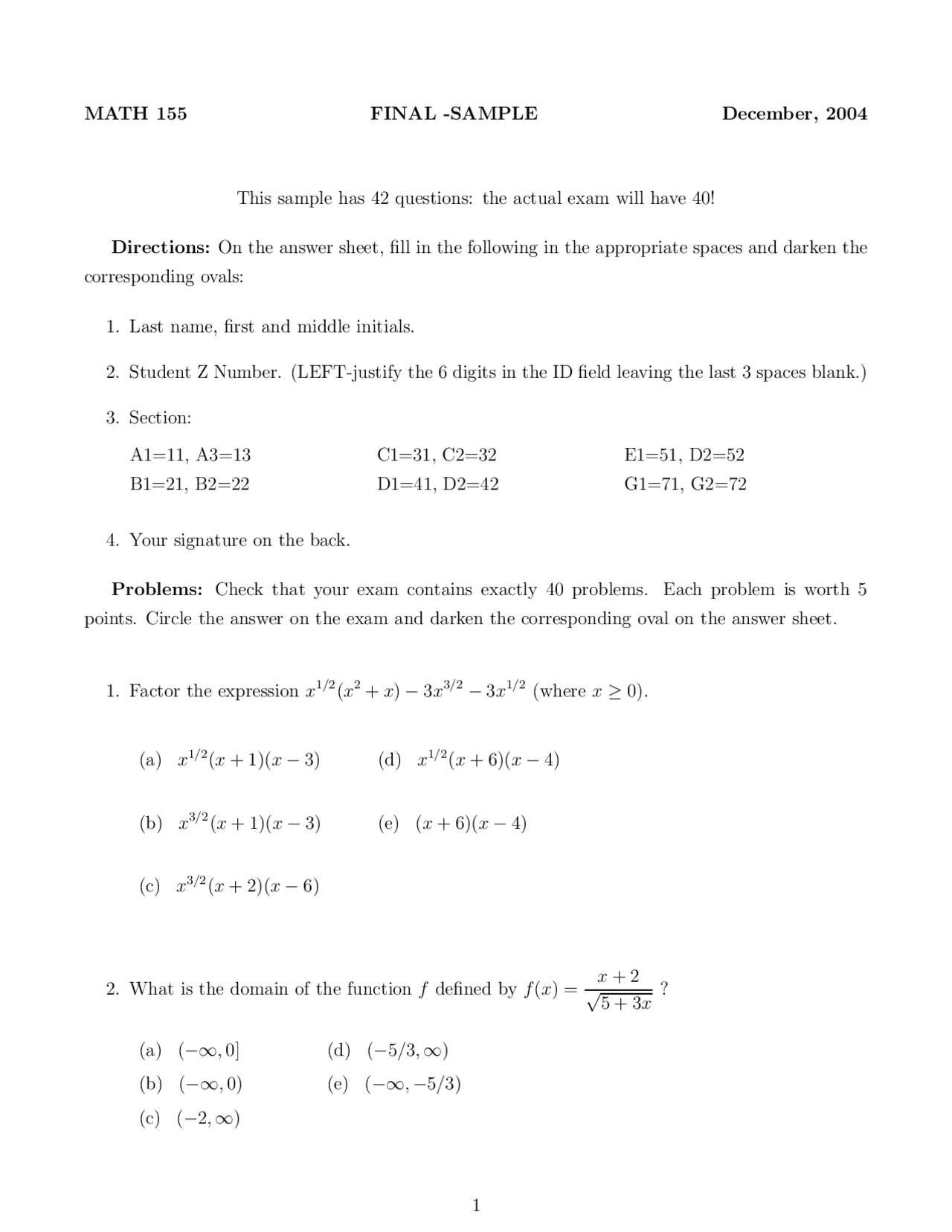 42 Questions On Trigonometry And Elementary Functions Final Exam