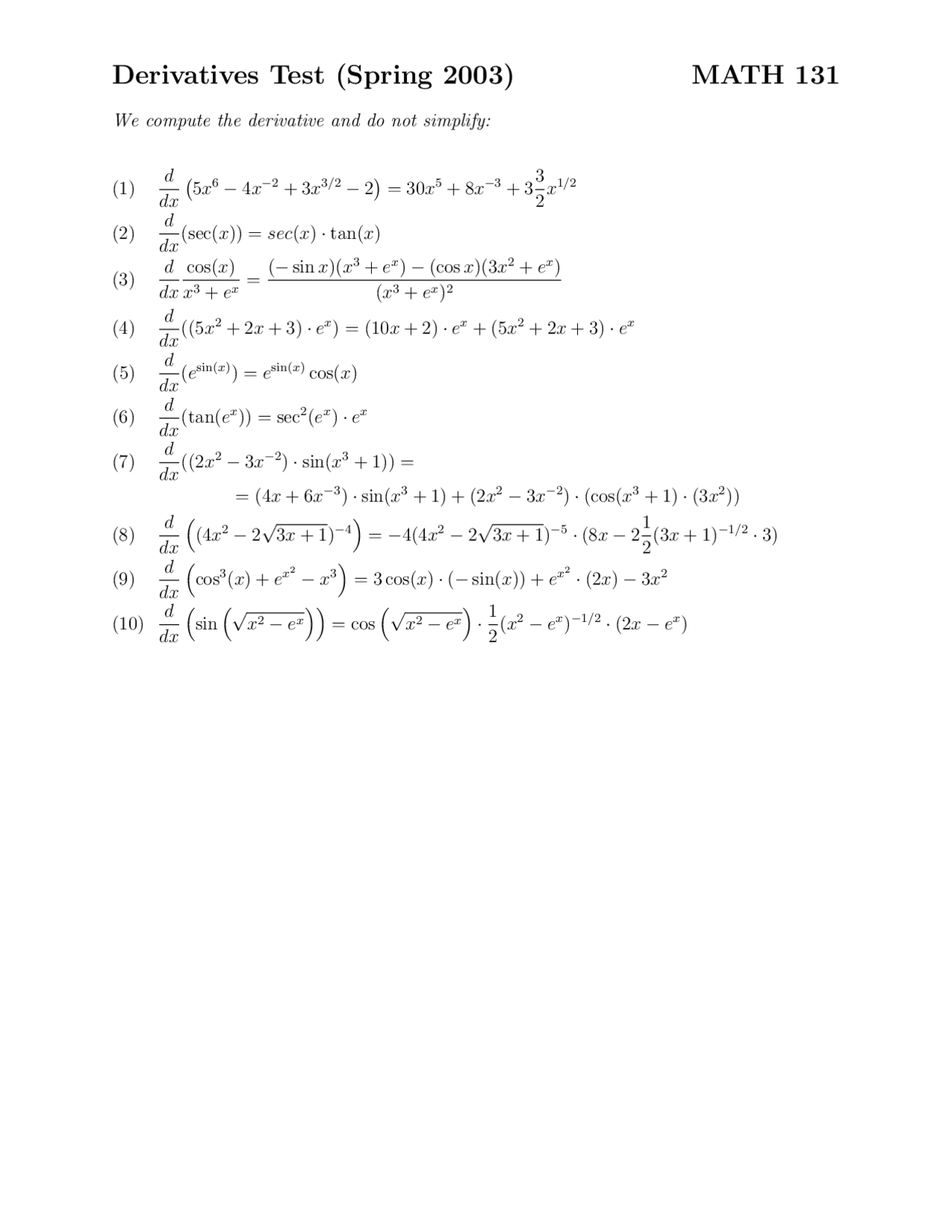 Derivatives Test Problems - Calculus I | MATH 131 - Docsity