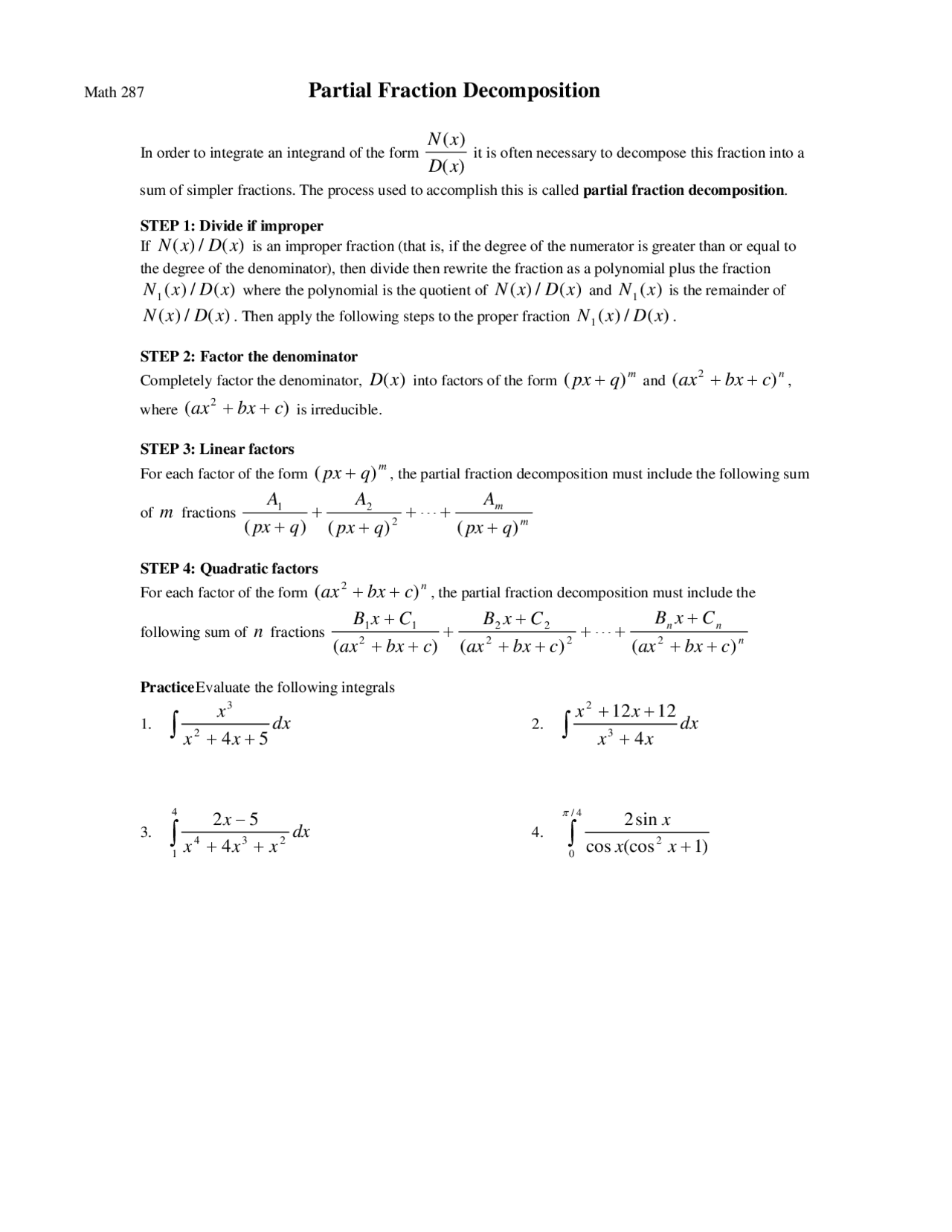 Partial Fraction Decomposition and Trigonometric Substitution | MATH 287 - Docsity