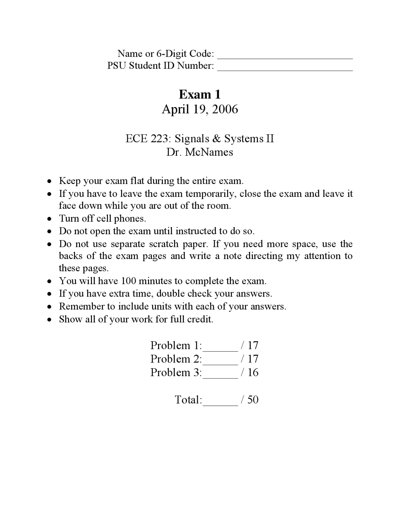 3 Problems for Electric Circuit Analysis III - Old Exam 1 | ECE 223 - Docsity