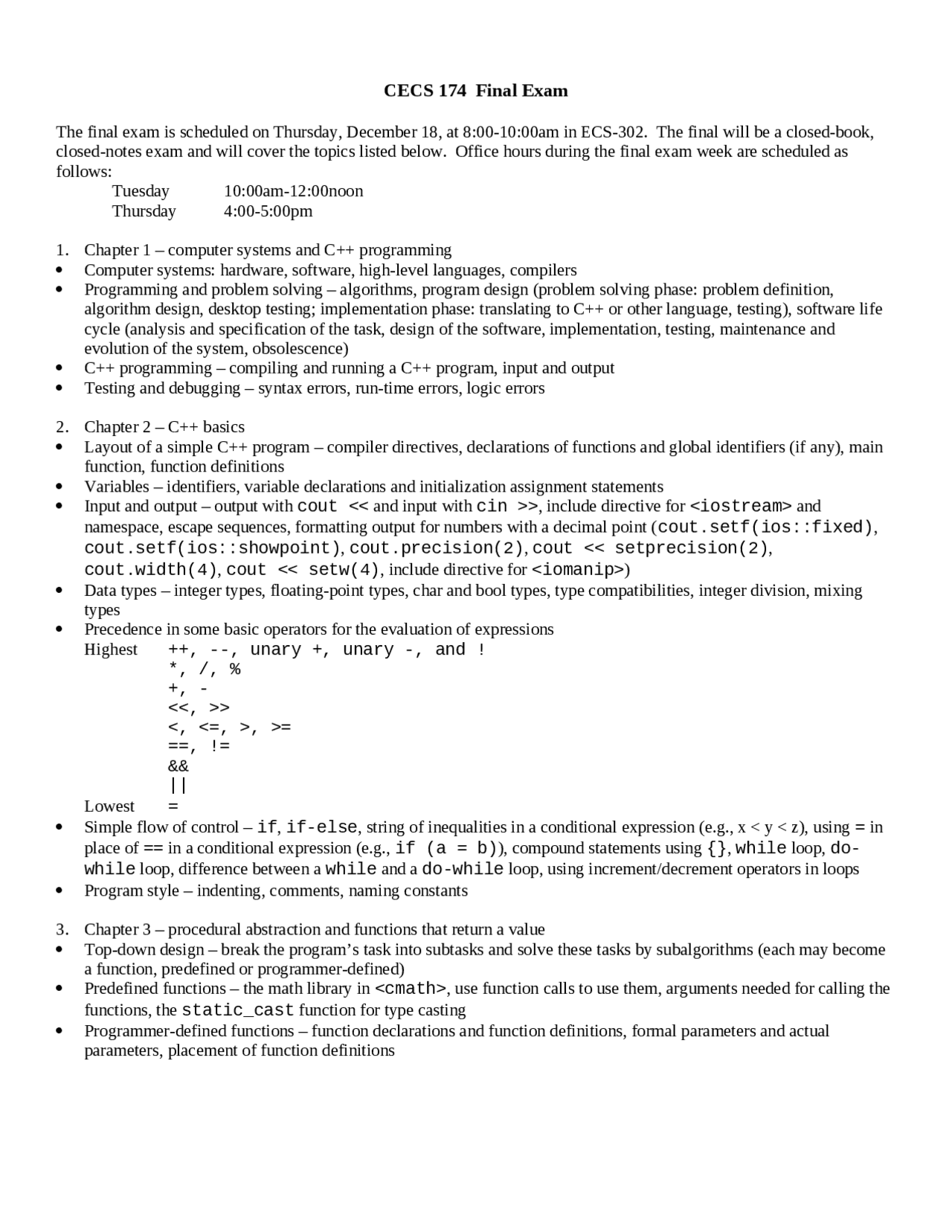 The Principles Of Procedural Abstraction Final Exam Cecs 174 Docsity