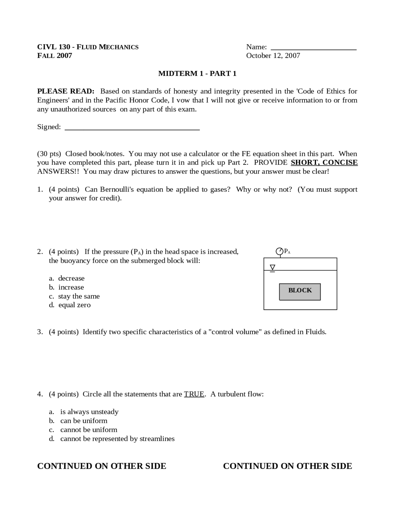 Midterm Exam 1 for Fluid Mechanics I | CIVL 130 | Exams Fluid Mechanics | Docsity
