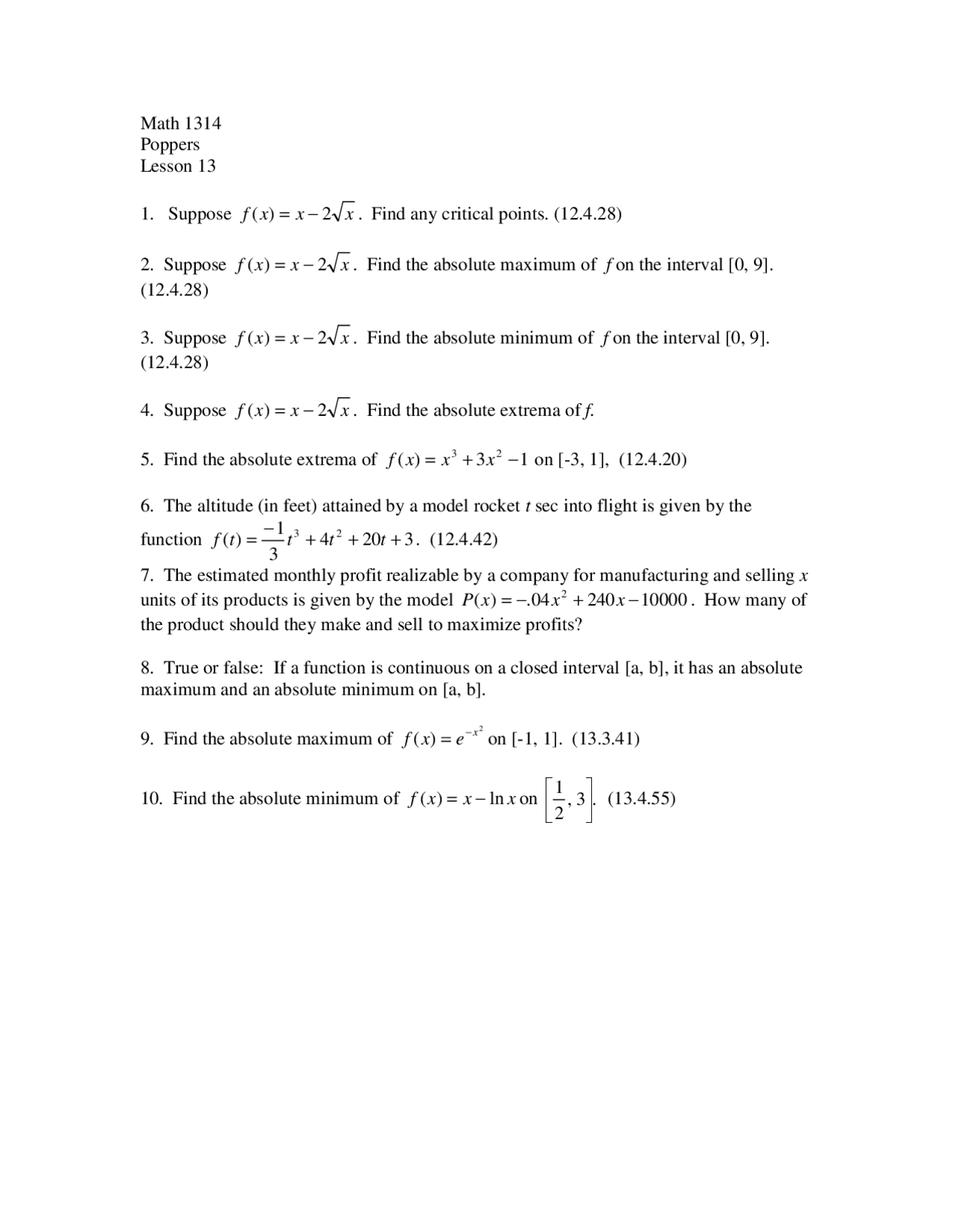 Assignment 13 Calculus For Business Life Science Math 1314 Docsity
