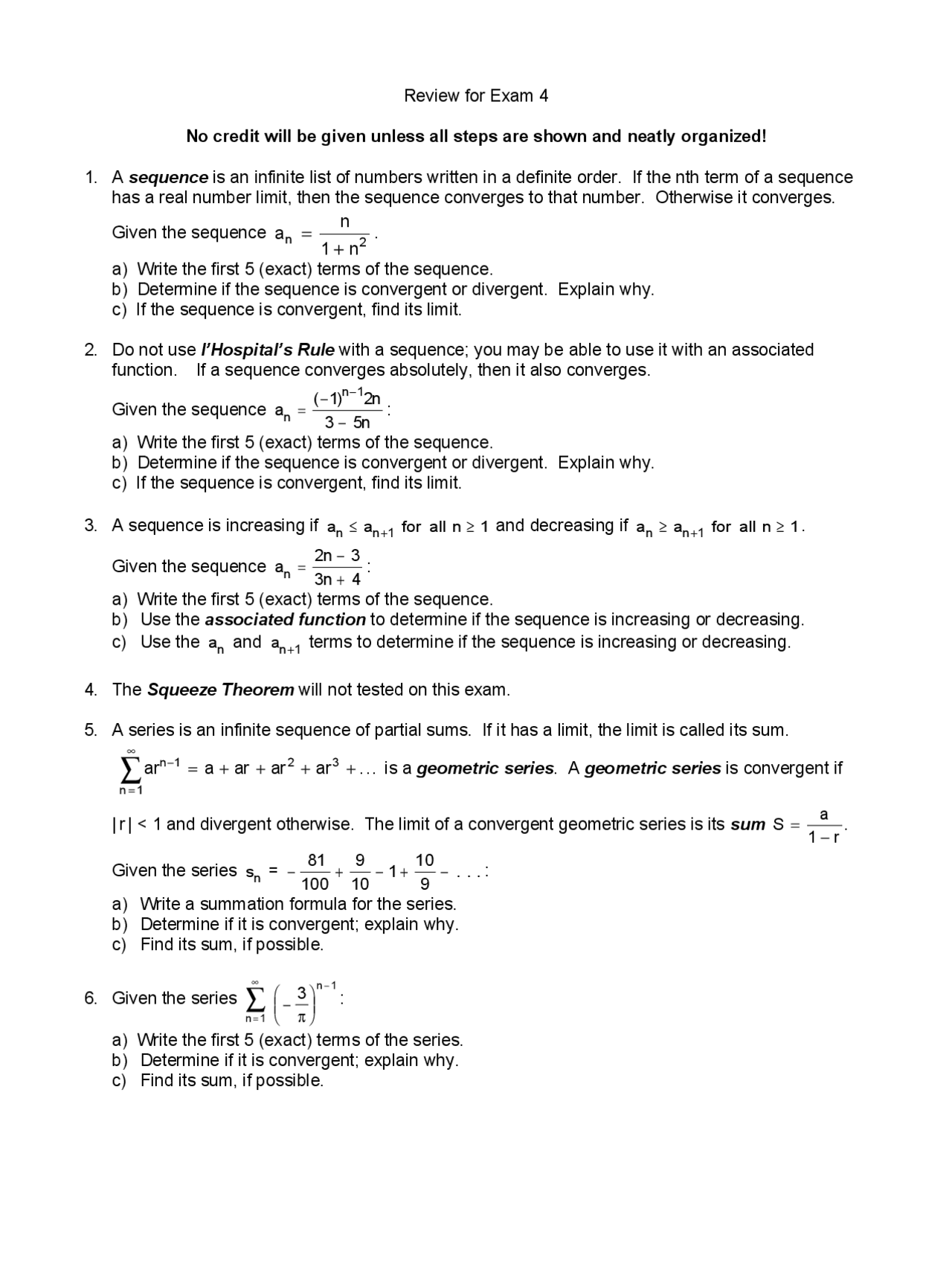 Review For Exam 4 Calculus Ii Math 1920 Docsity