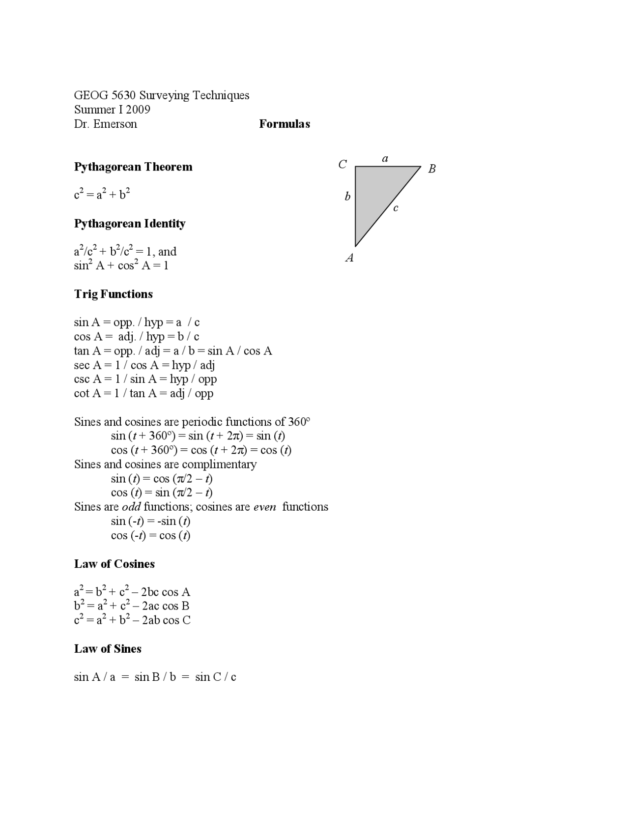 Surveying Techniques - Pythagorean Theorem and Trigonometry Function | GEOG 5630 - Docsity