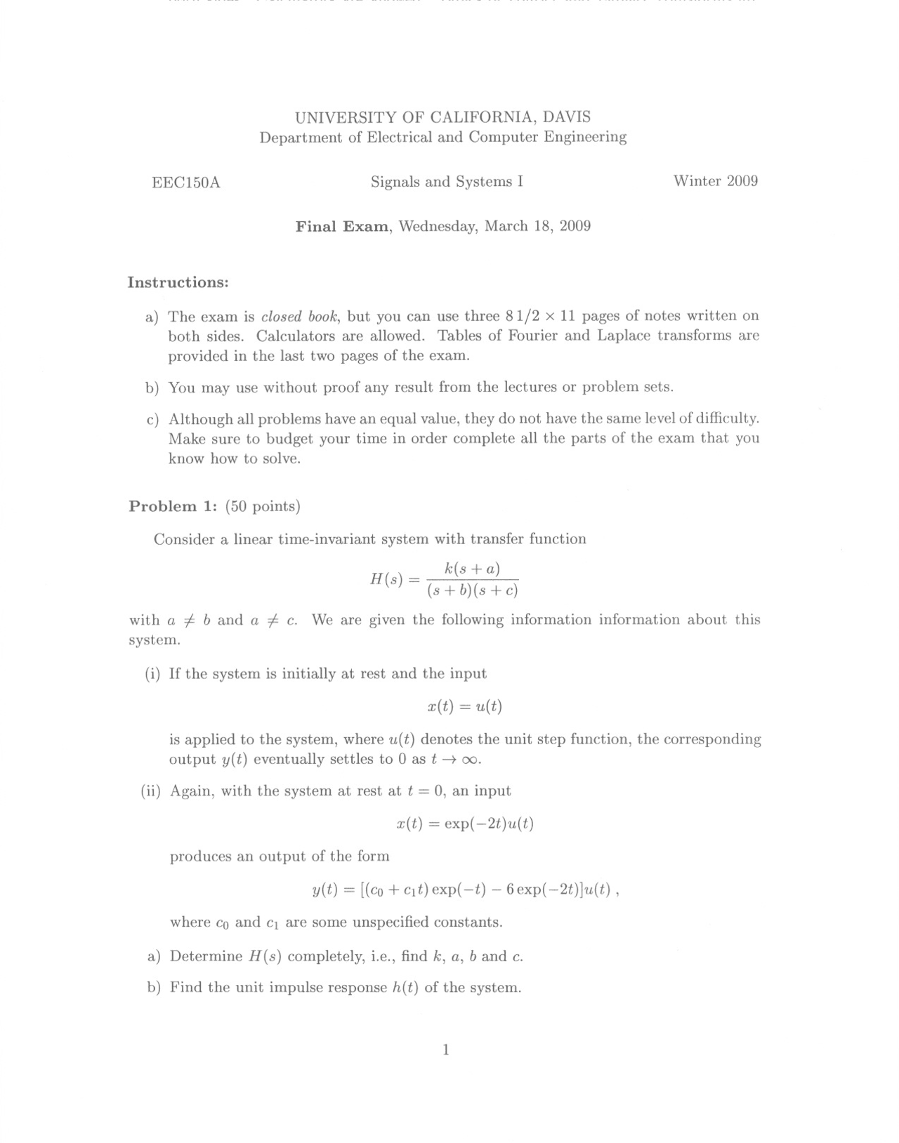 Final Exam Signals And Systems I Eec 150a Docsity