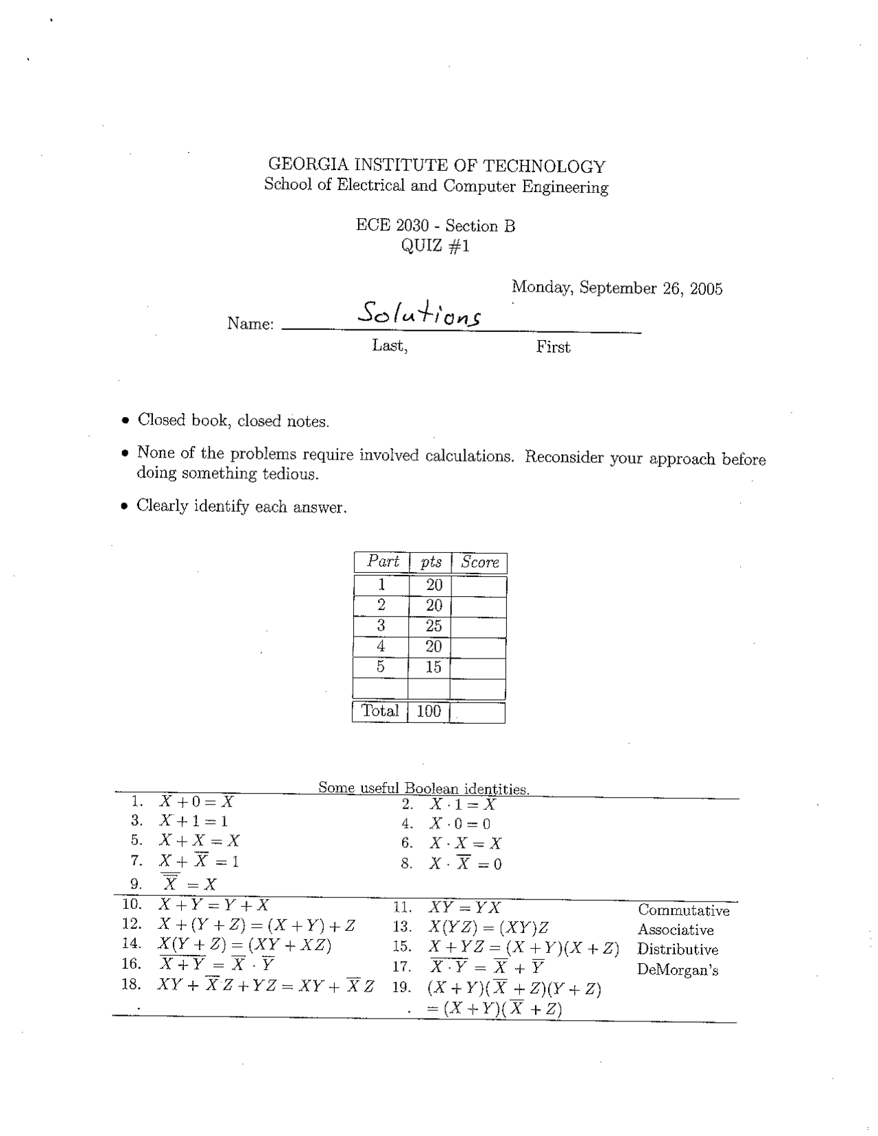 Quiz 1 Solutions Introduction To Computer Engineering Ece 2030