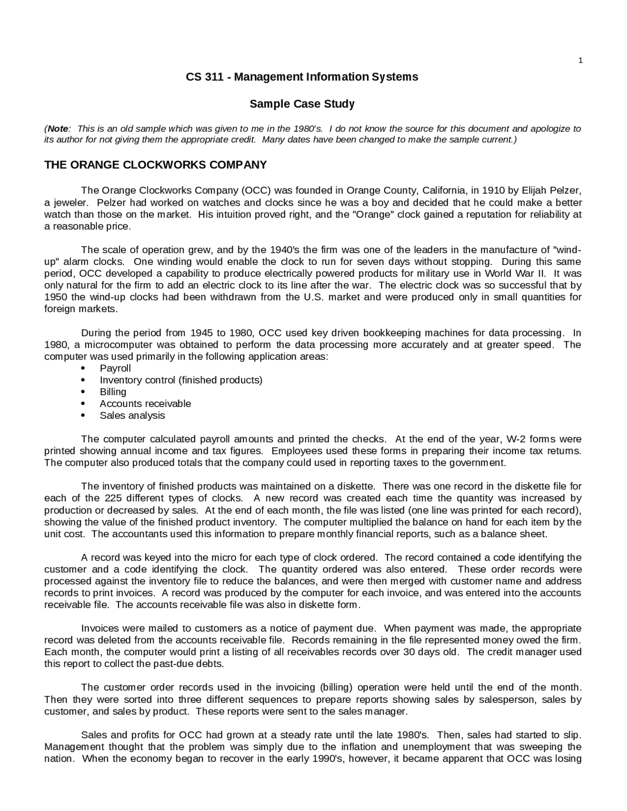 The Orange Clockworks Company - Management Information Systems | CS 311 ...