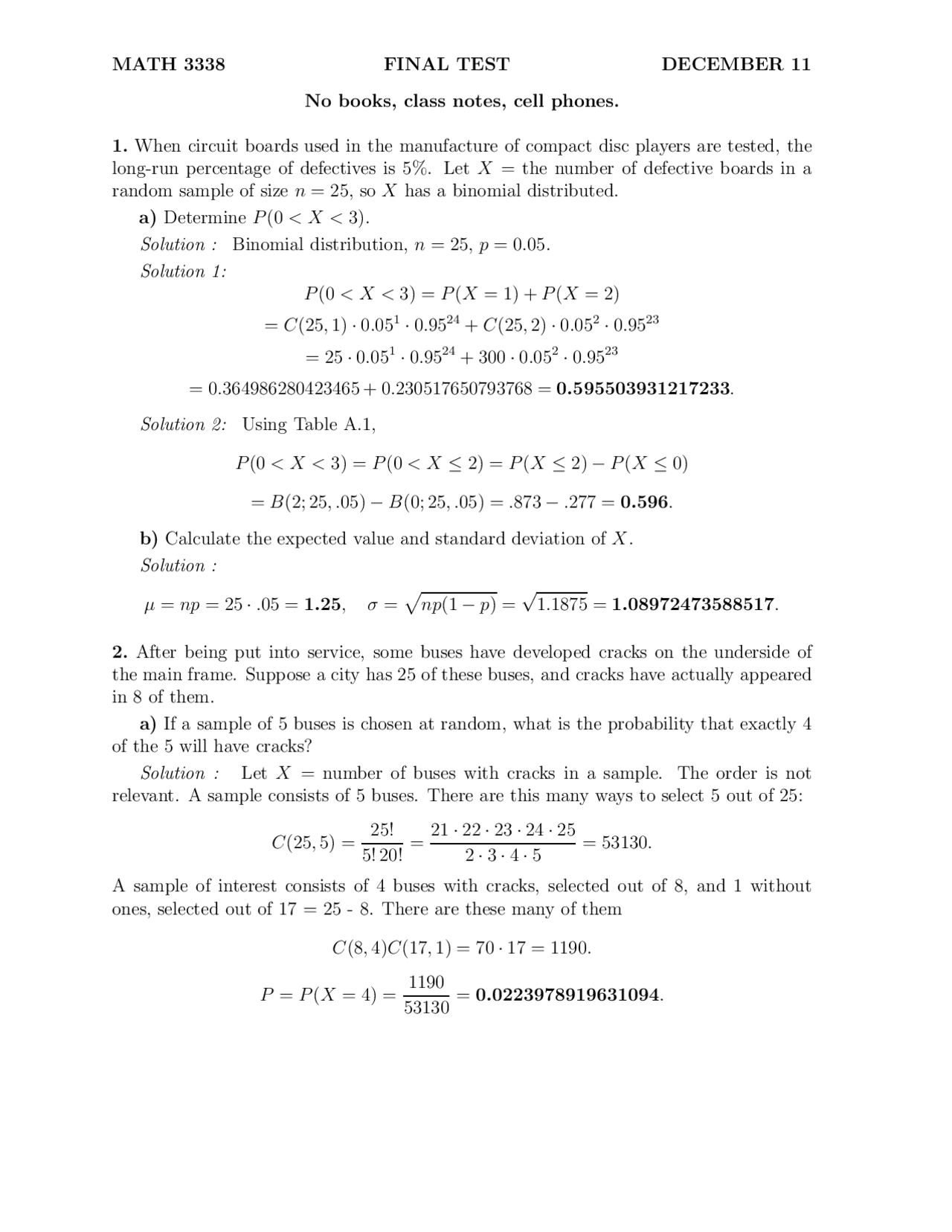 Final Test with Solution - Probability | MATH 3338 | Exams Probability ...