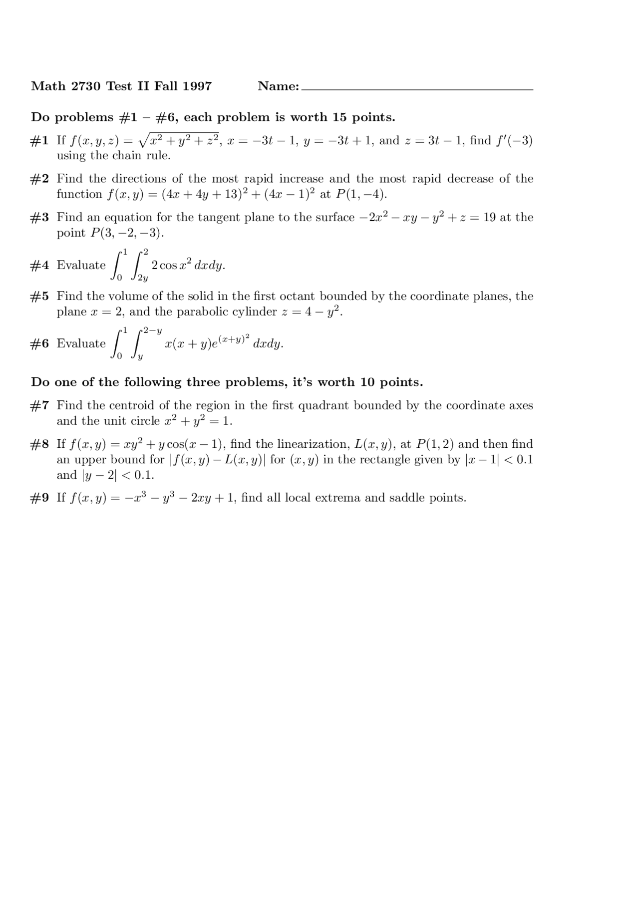 9 Problems On Parabolic Functions Exam Math 2730 Docsity