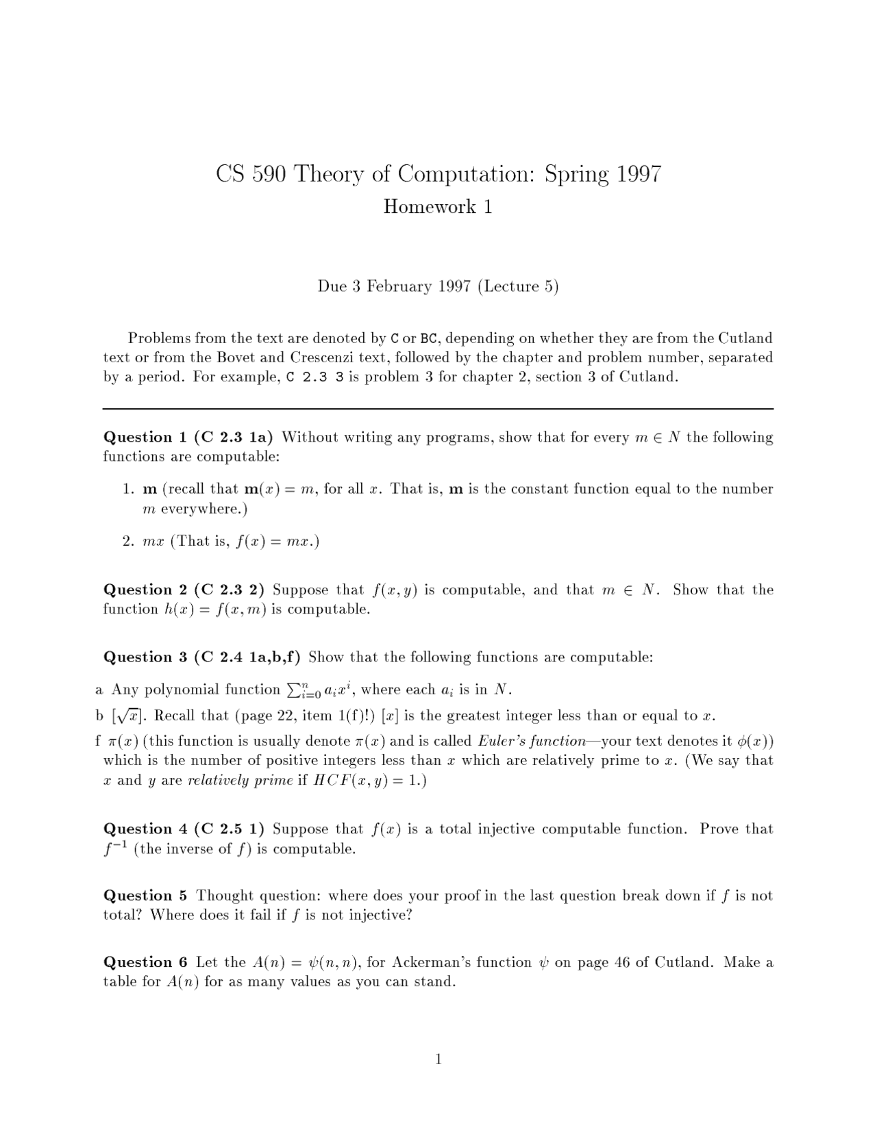 6 Questions On Homework 1 For Theory Of Computation Cs 590 Docsity