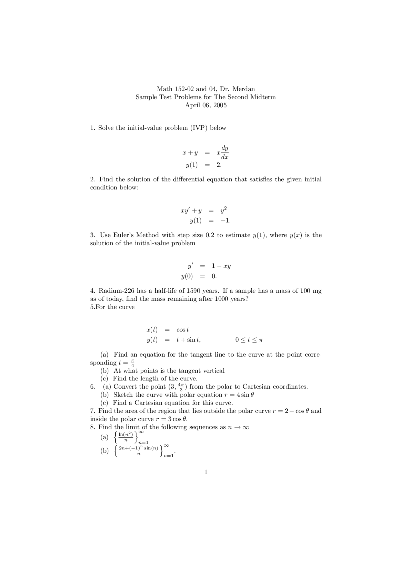 Midterm 2 12 Questions On Calculus Ii Math 152 Docsity