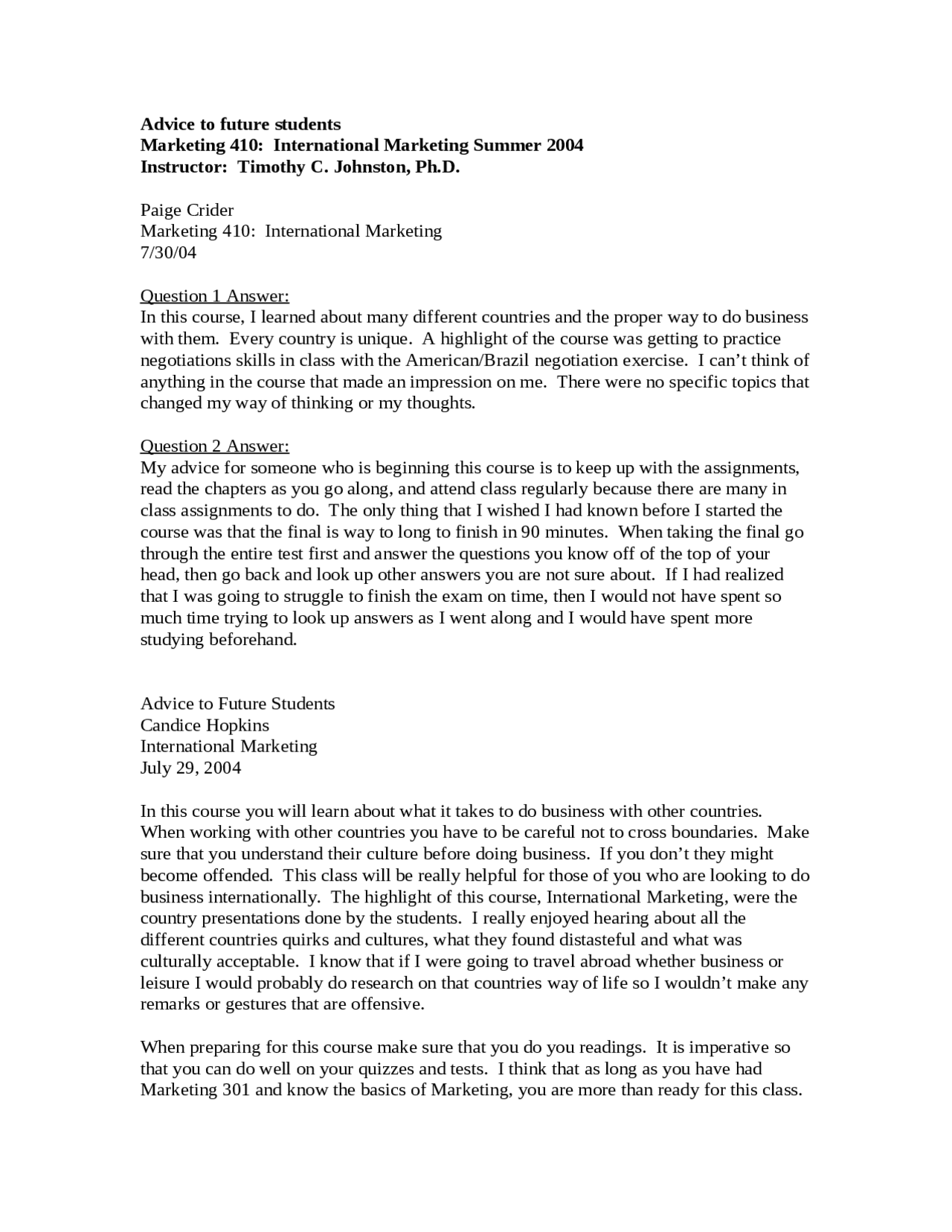 Questions With Answers On International Marketing Mktg 410