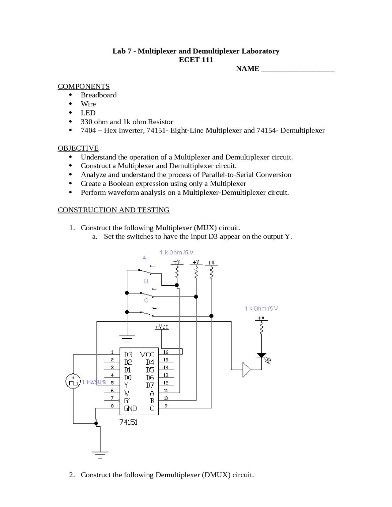 Multiplexer And Demultiplexer In Digital Circuits Laboratory Ecet