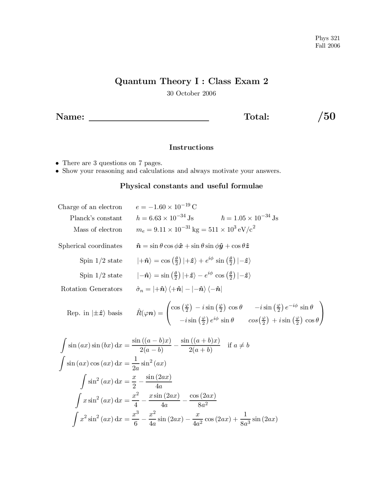Quantum Theory I Solved Midterm Exam Phys 321 Docsity