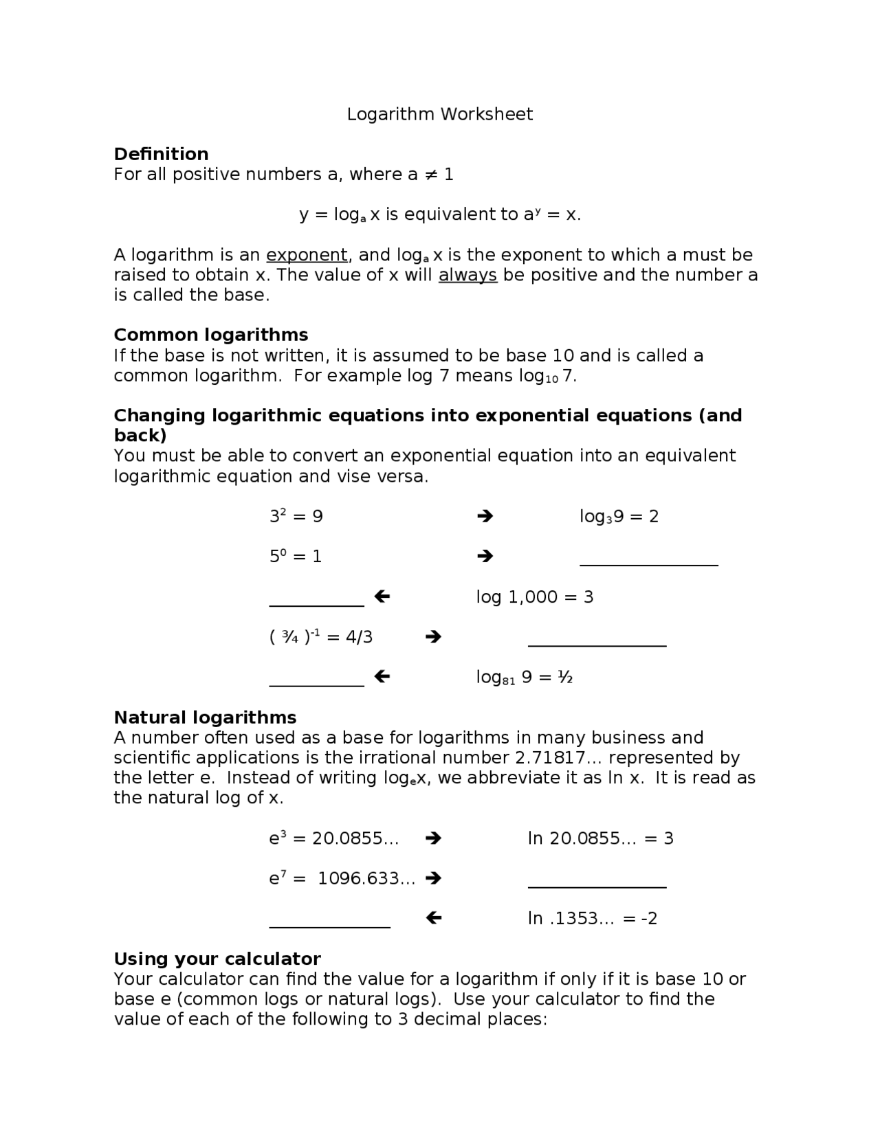 Worksheet for Logarithm - Quantitative Skills and Reasoning | MATH 1001 ...