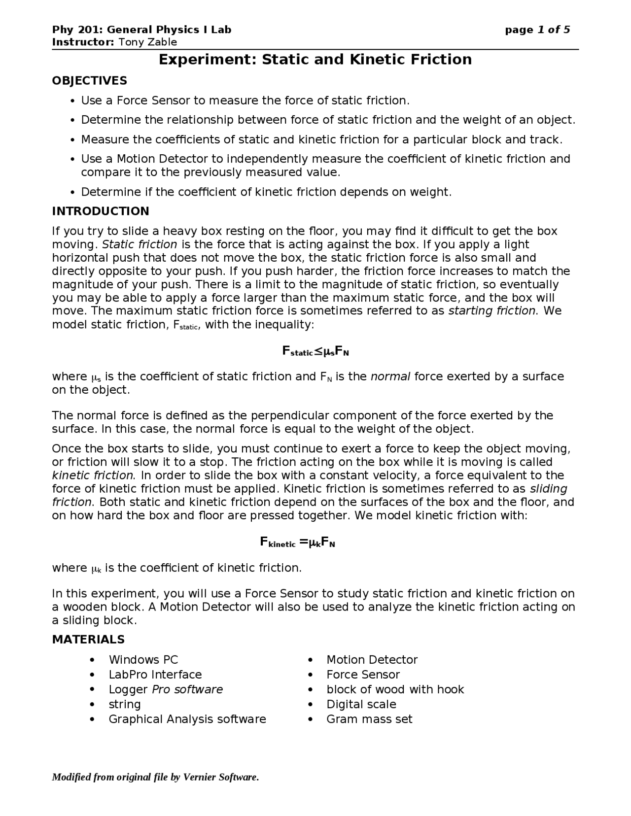 Static And Kinetic Frictions Experiment Phy 201 Docsity