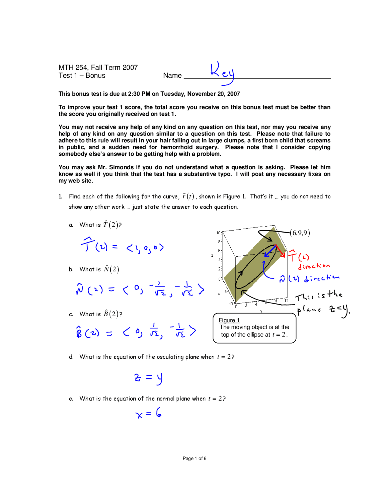 Past Test 1 With Answer Key Vector Calculus I Mth 254 Docsity