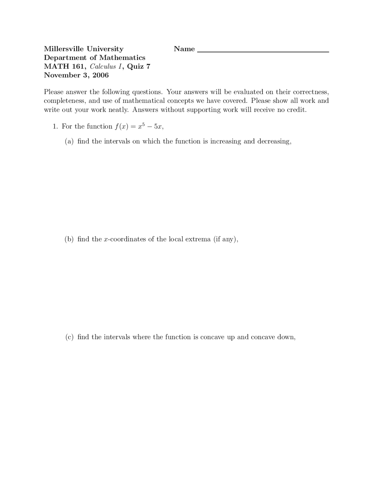 Calculus 1 Sample Quiz 7 Questions Math 161 Docsity