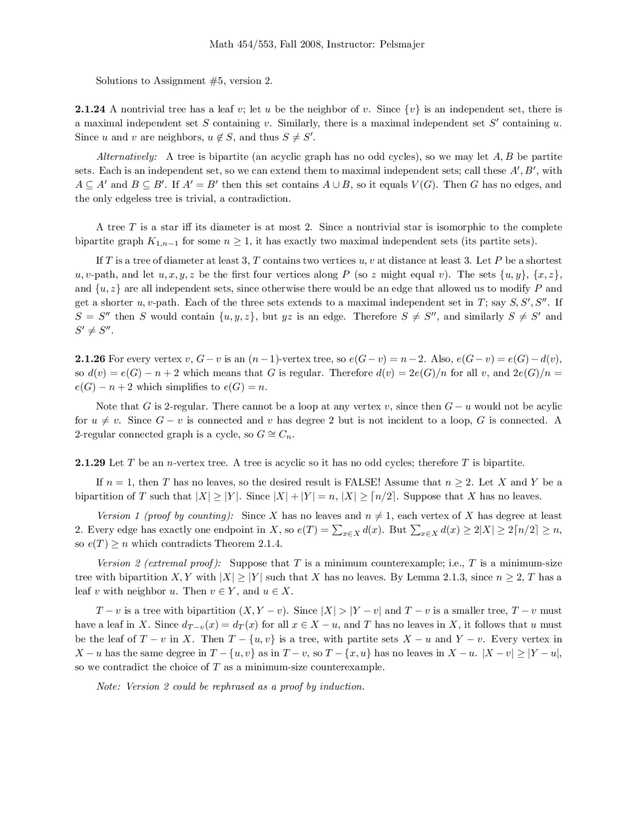 Graph Theory And Applications Solutions To Assignment 5 Math 454