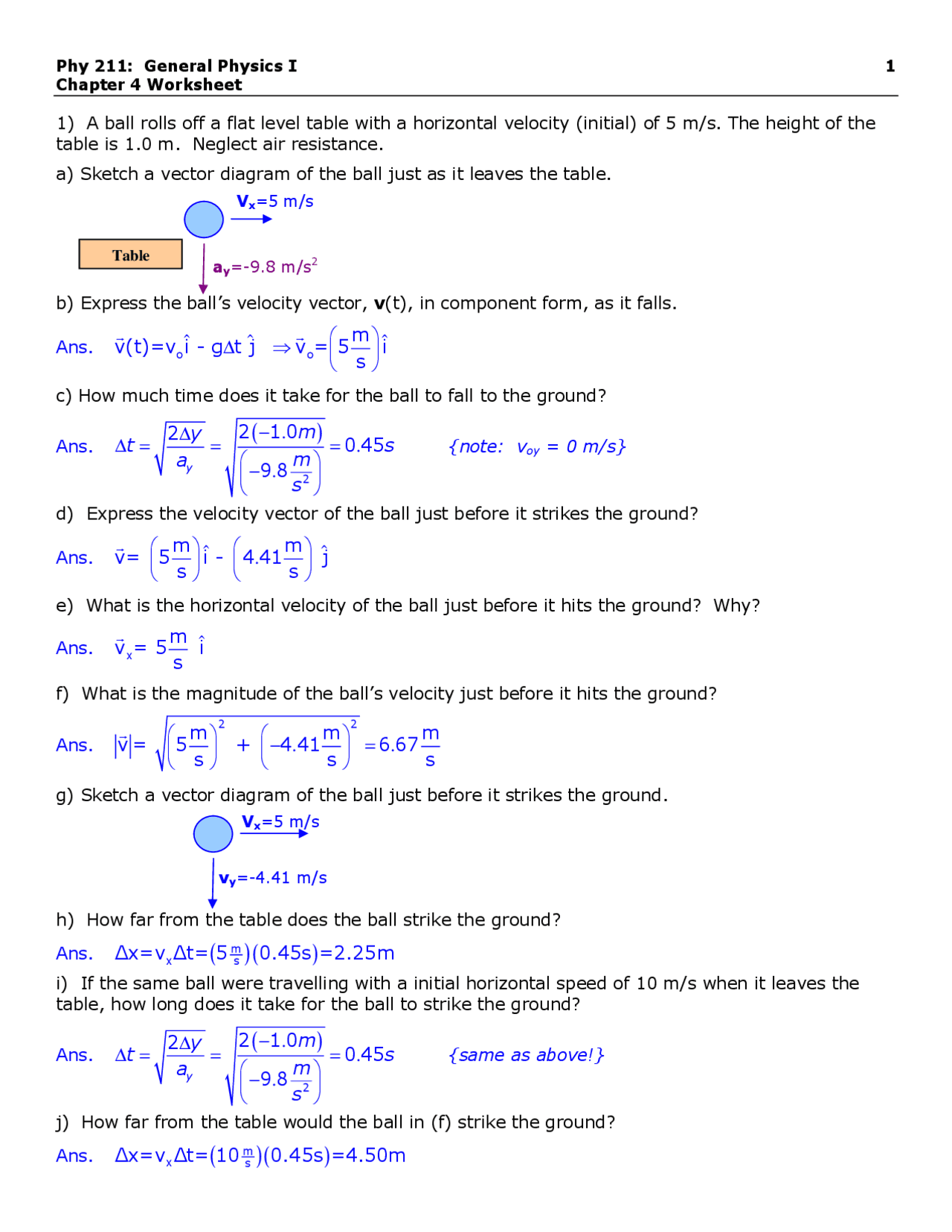 Worksheet With Answer For General Physics Calculus Phy 211 Docsity