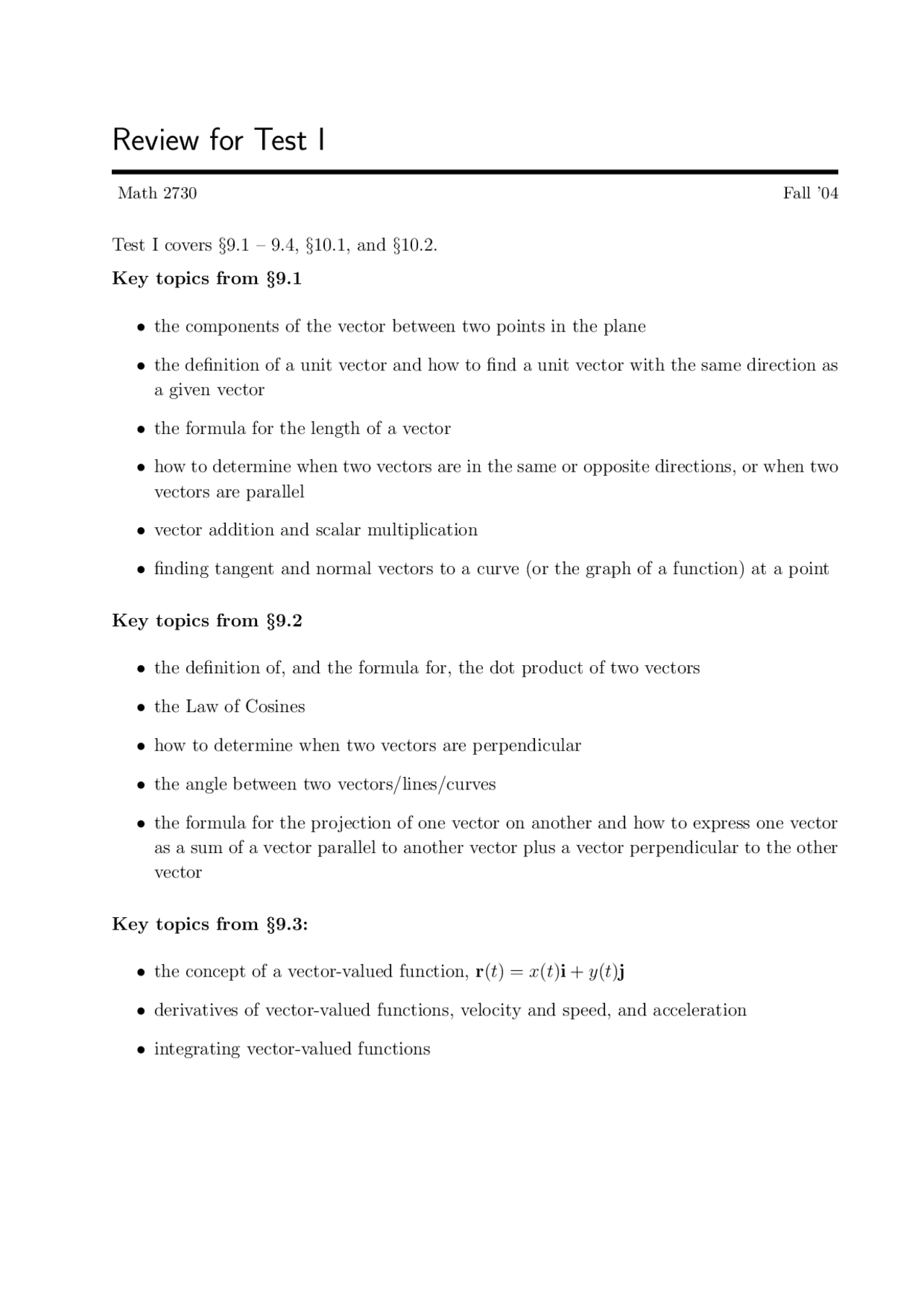 Review Sheet Exam 1 Multivariable Calculus Math 2730 Docsity
