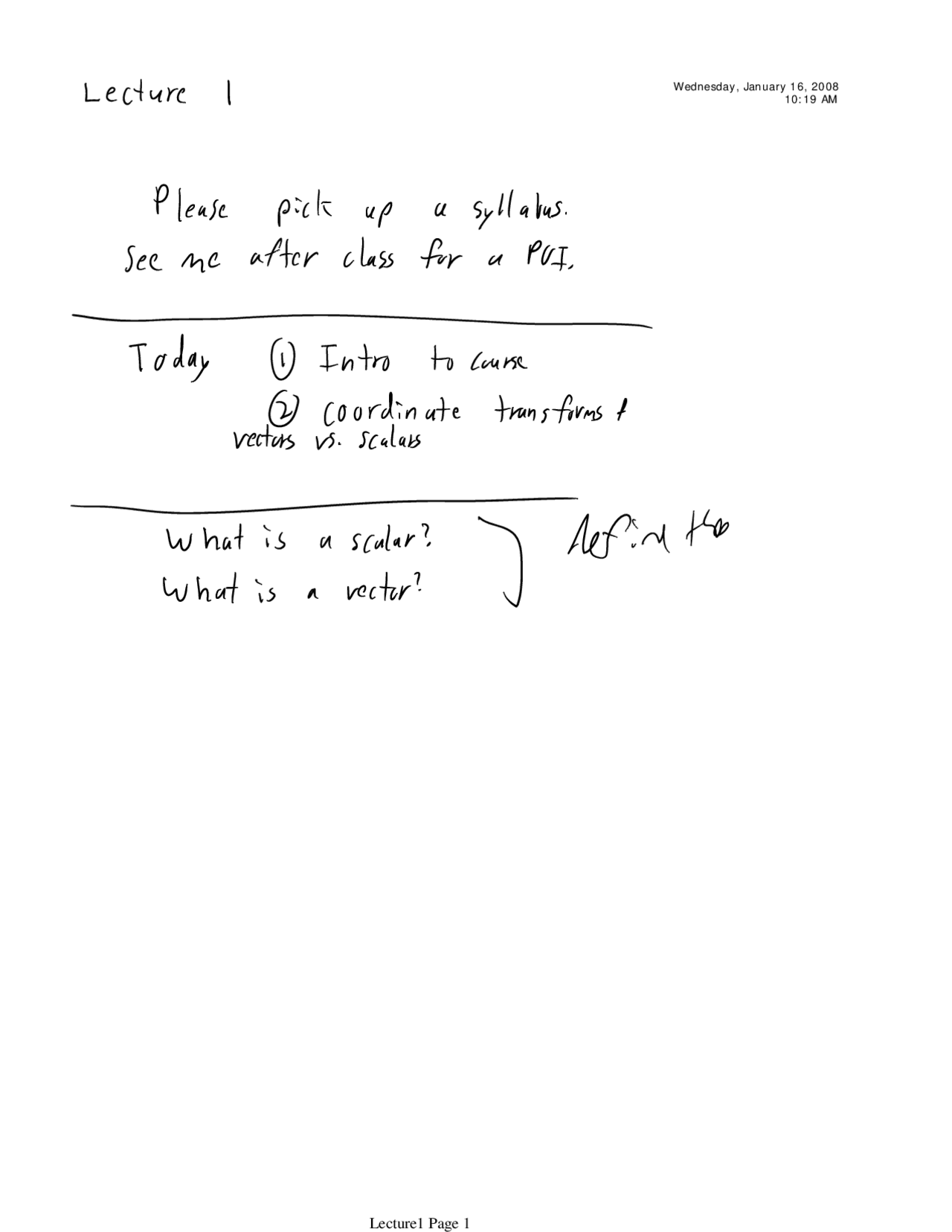 Handwritten Notes On Introduction To Curve Vectors Versus Scalars
