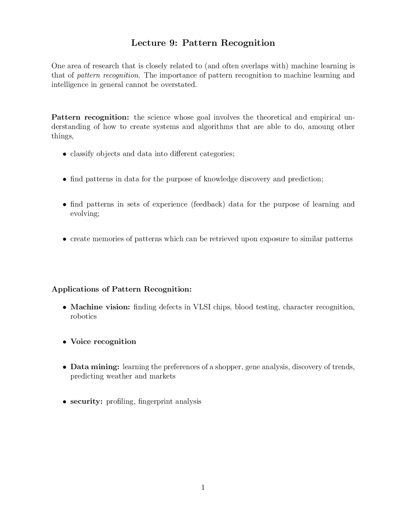 Pattern Recognition Artificial Intelligence Lecture Notes Cecs 451 Docsity