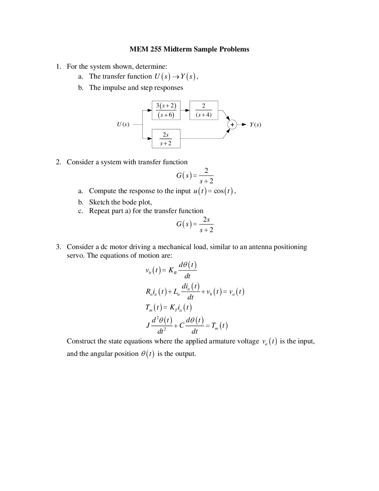 Midterm Sample Problem Transfer Function Introduction To Controls