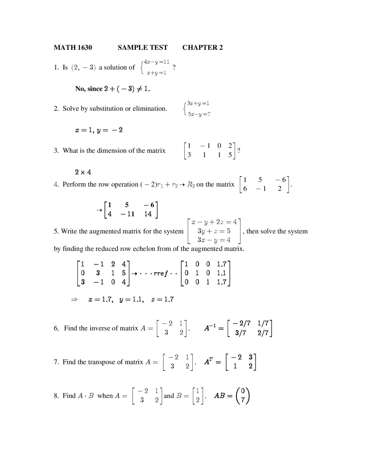 Sample Exam With 14 Questions Finite Mathematics Math 1630 Docsity
