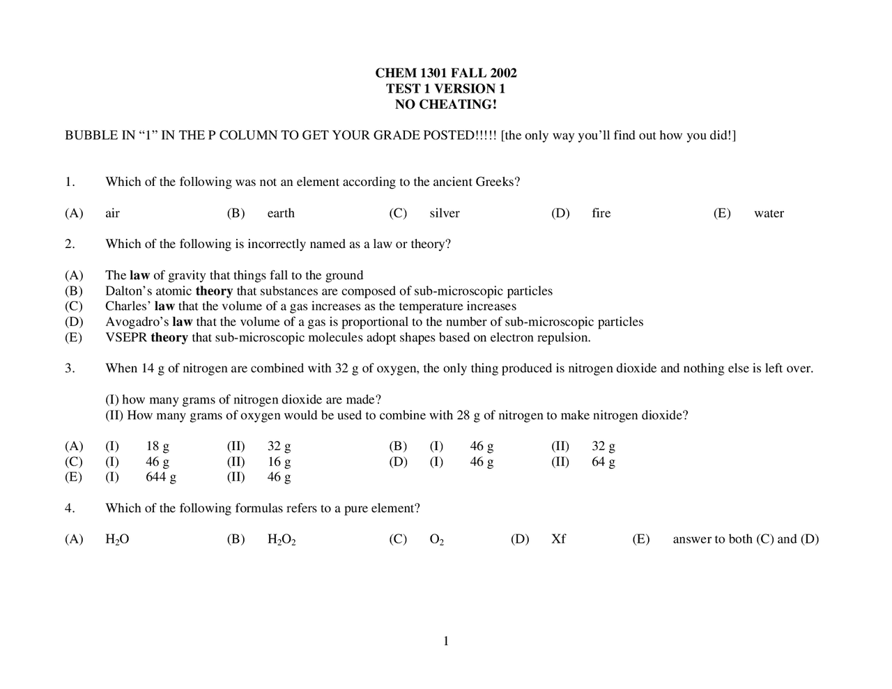 20 Mcqs On Foundations Of Chemistry Exam 1 Chem 1301 Docsity