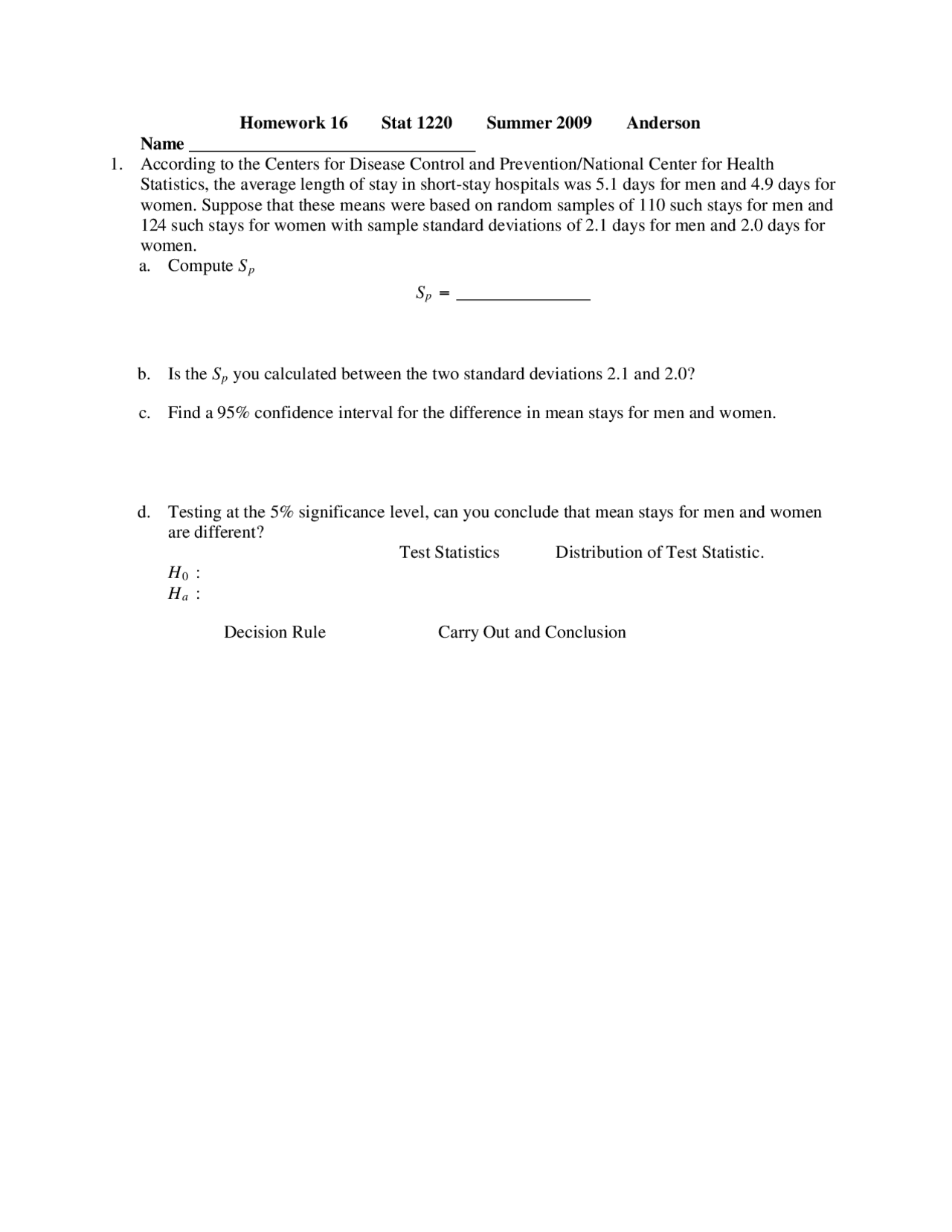 Homework 16 Problems Elements Of Statistics I Stat 1220 Docsity