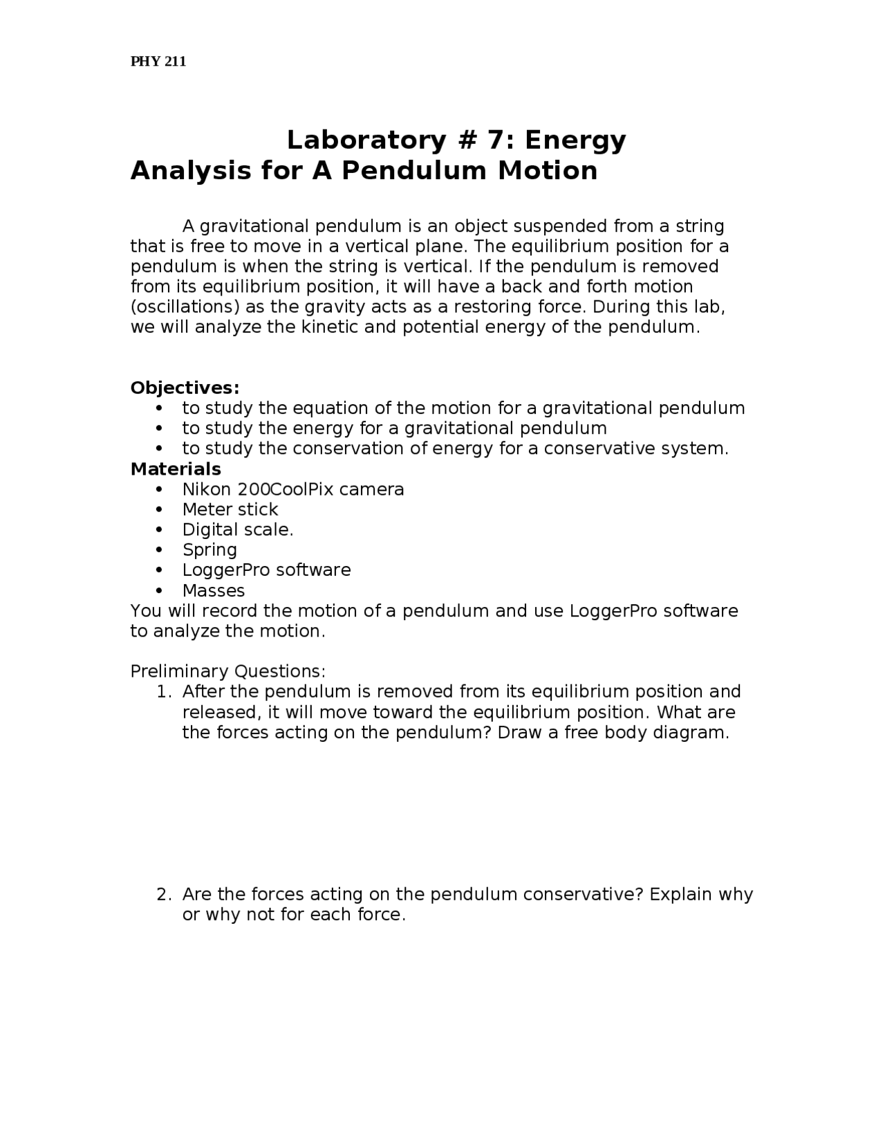 Energy Analysis For The Pendulum Motion In Laboratory Phy 211 Docsity