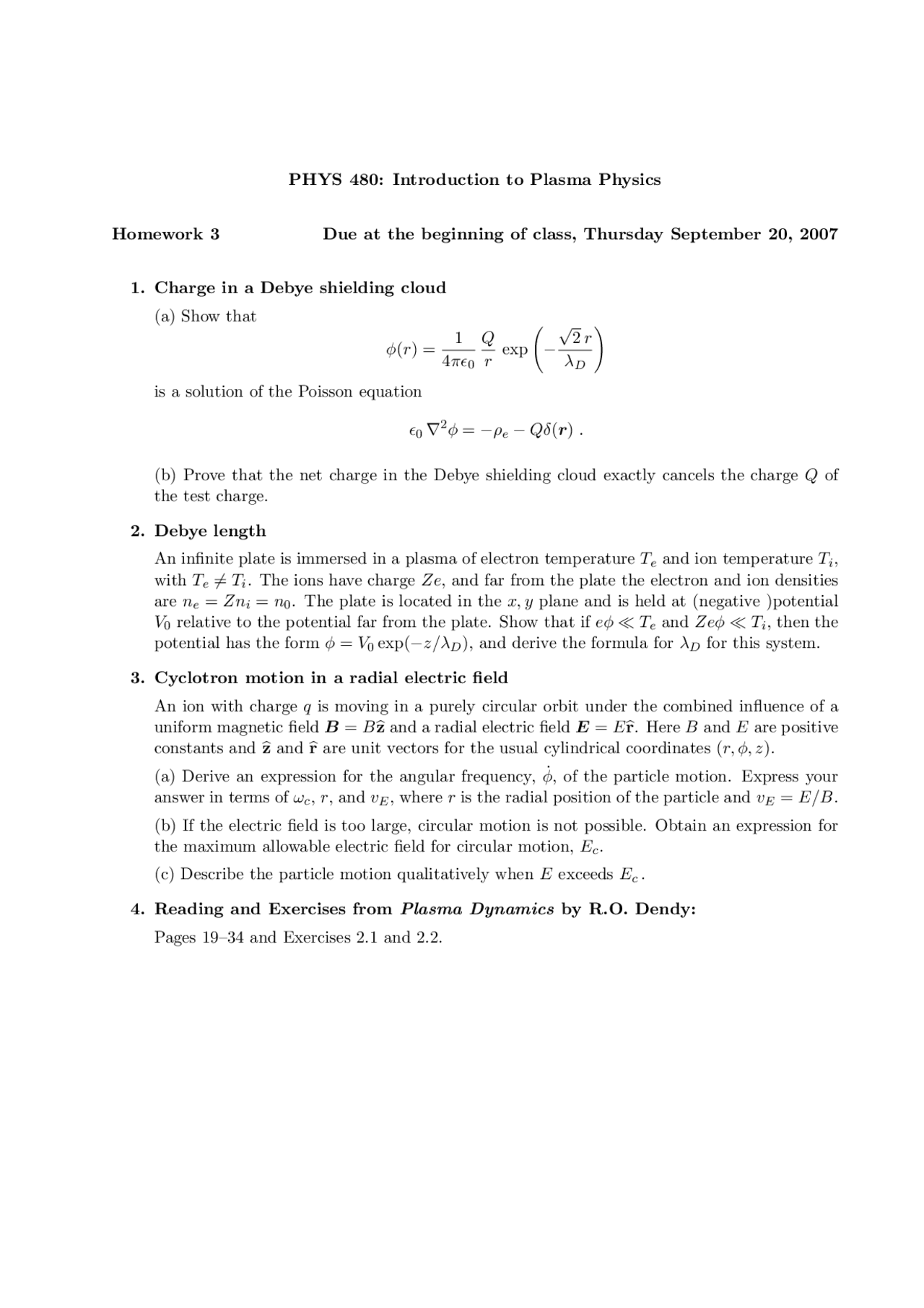 Introduction To Plasma Physics Homework 3 Phys 480 Docsity