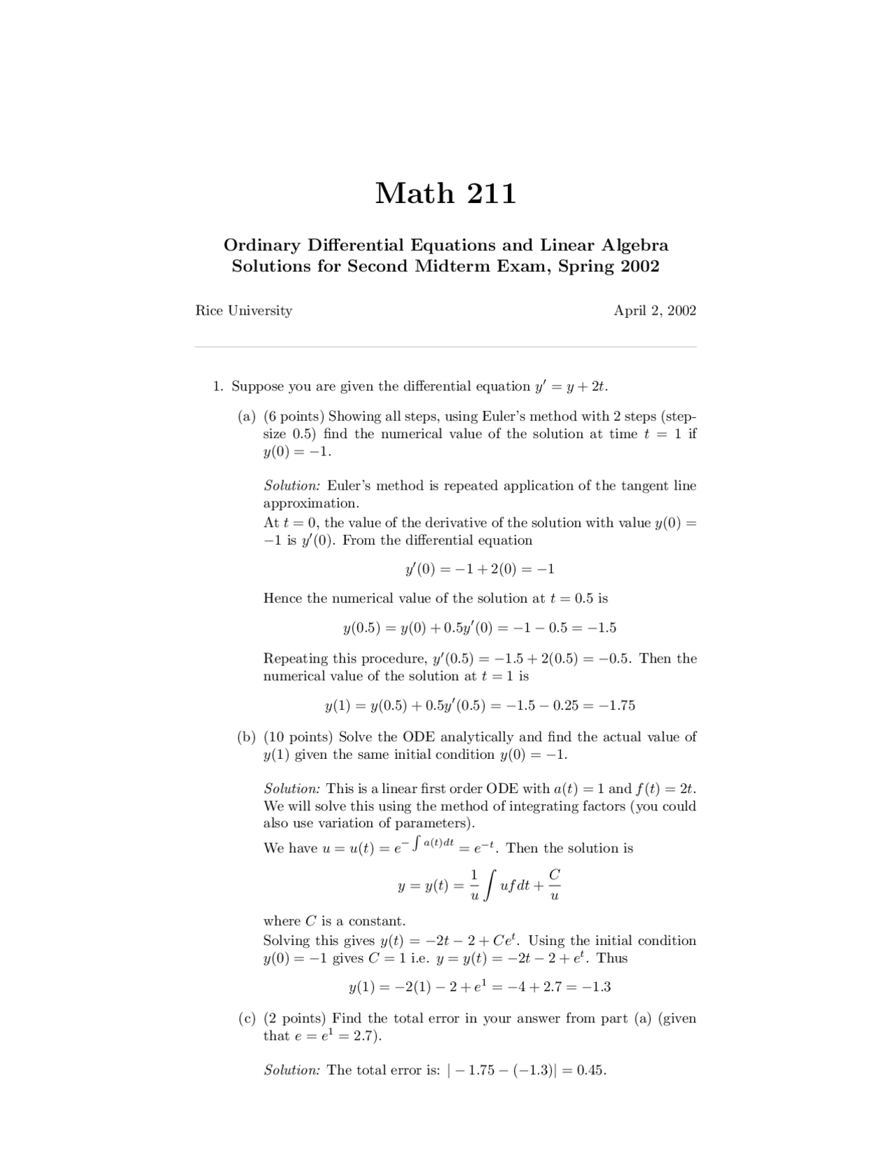 Exam 2 Questions With Solutions Ordinary Differential Equations