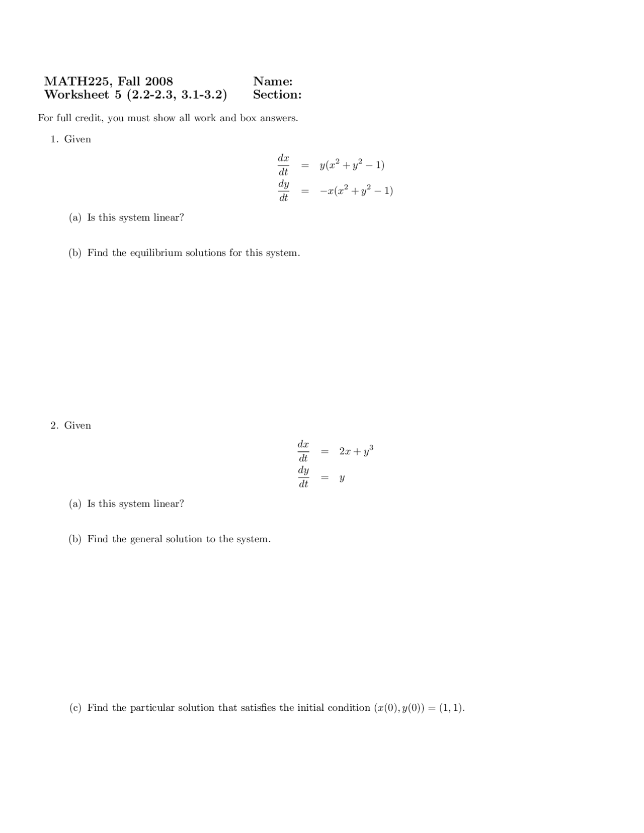 Homework 5 Questions Differential Equations Math 225 Docsity