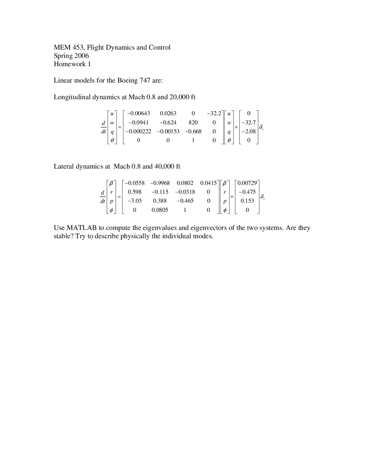 Homework 1 Aircraft Flight Dynamics And Control I Mem 453 Docsity
