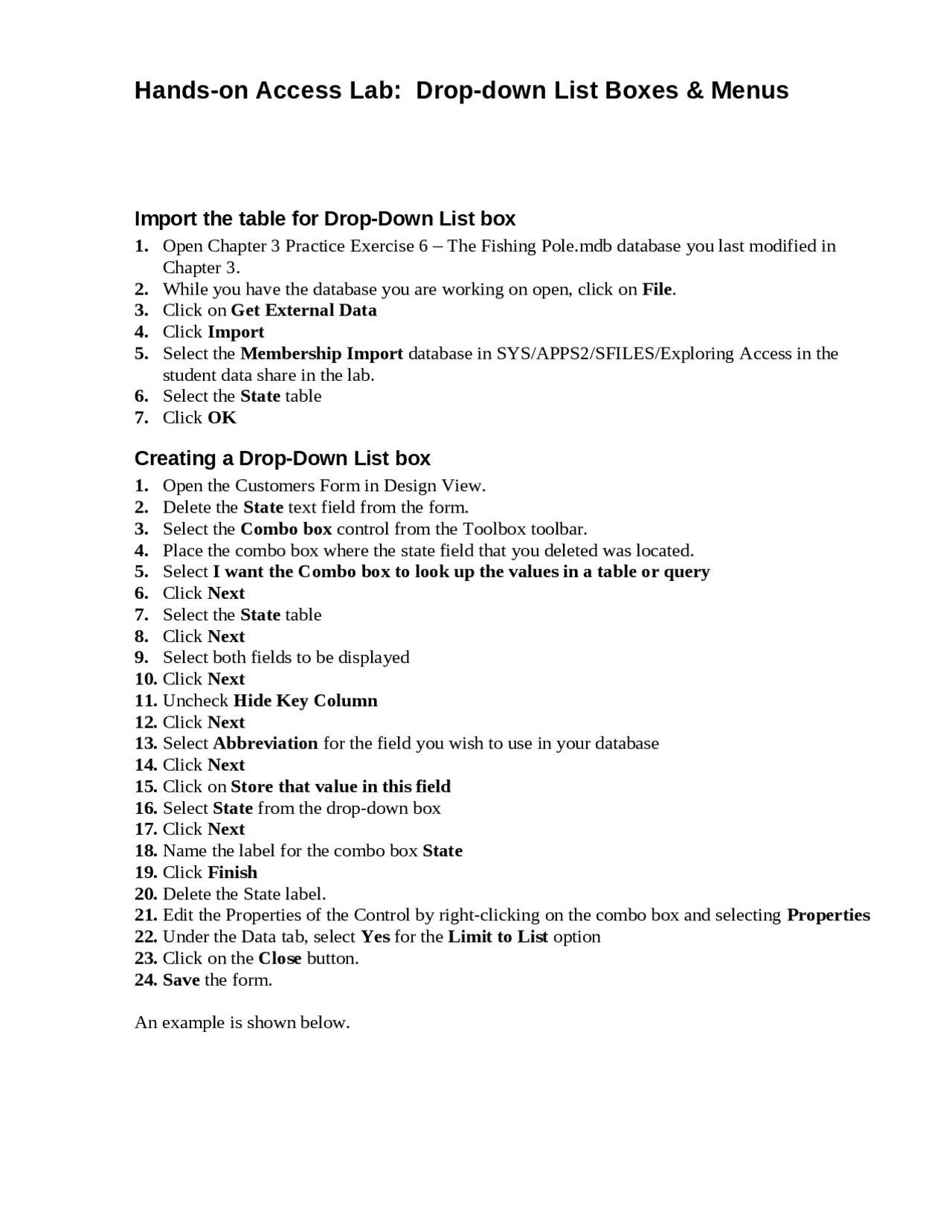 Hands on Access Lab: Drop Down List Boxes and Menus | CIS 250 - Docsity