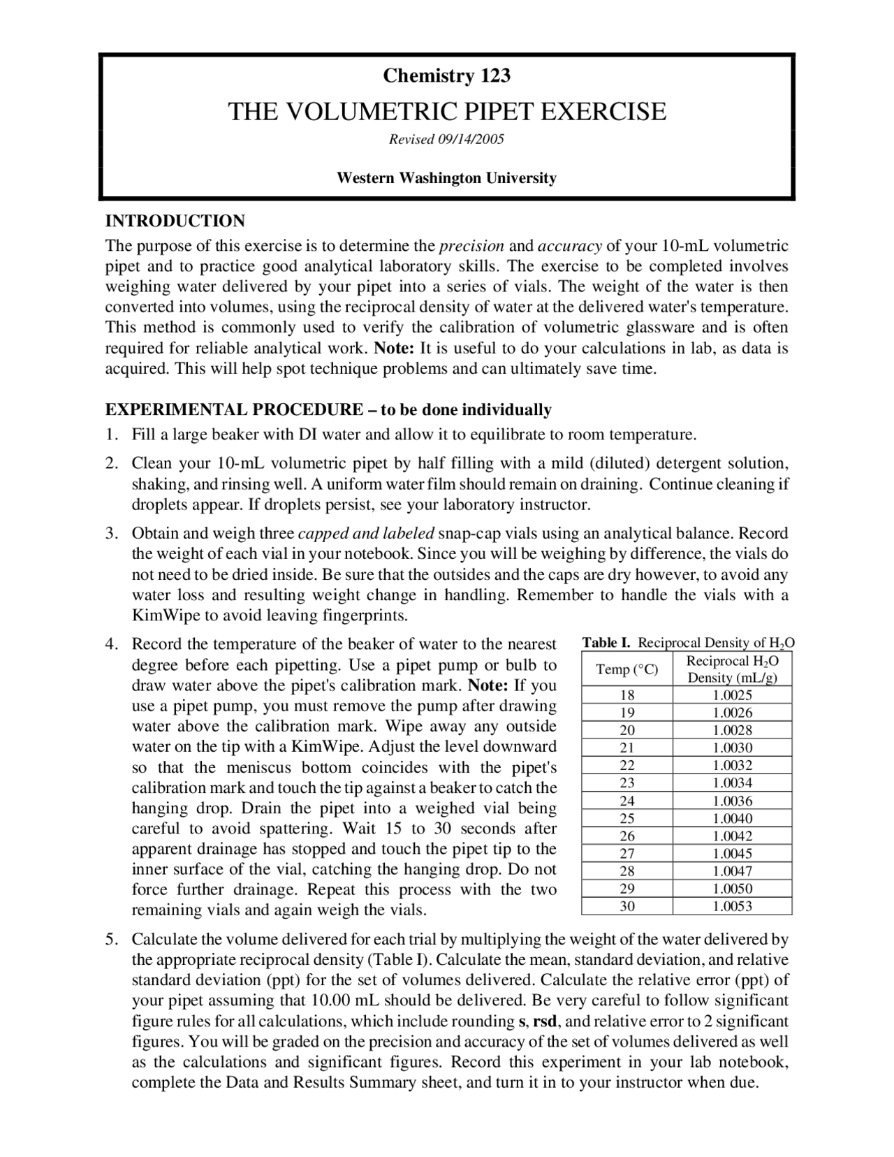 The Volumetric Pipet Exercise - Lab | CHEM 123 - Docsity