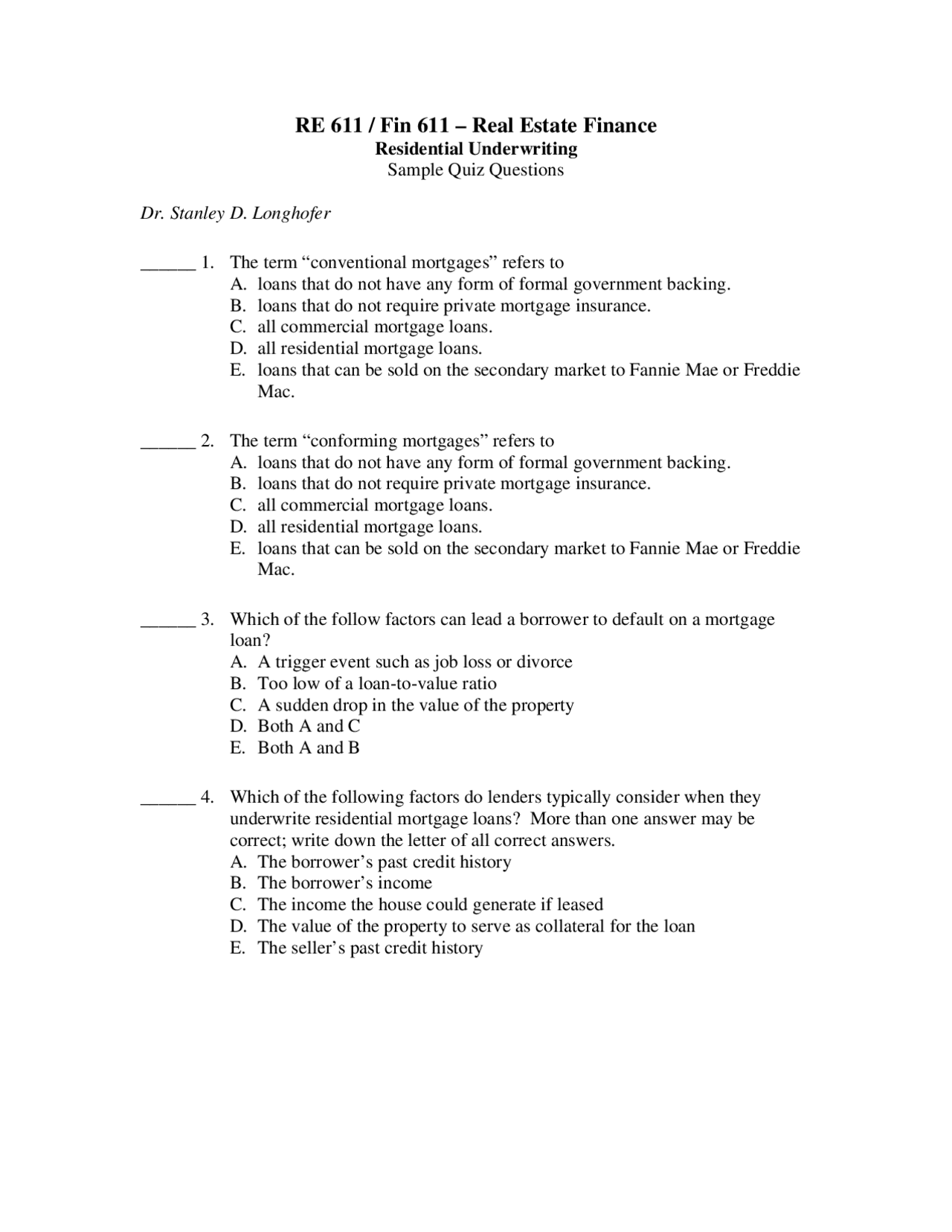 Sample Quiz Solutions For Real Estate Finance Re 611 Docsity
