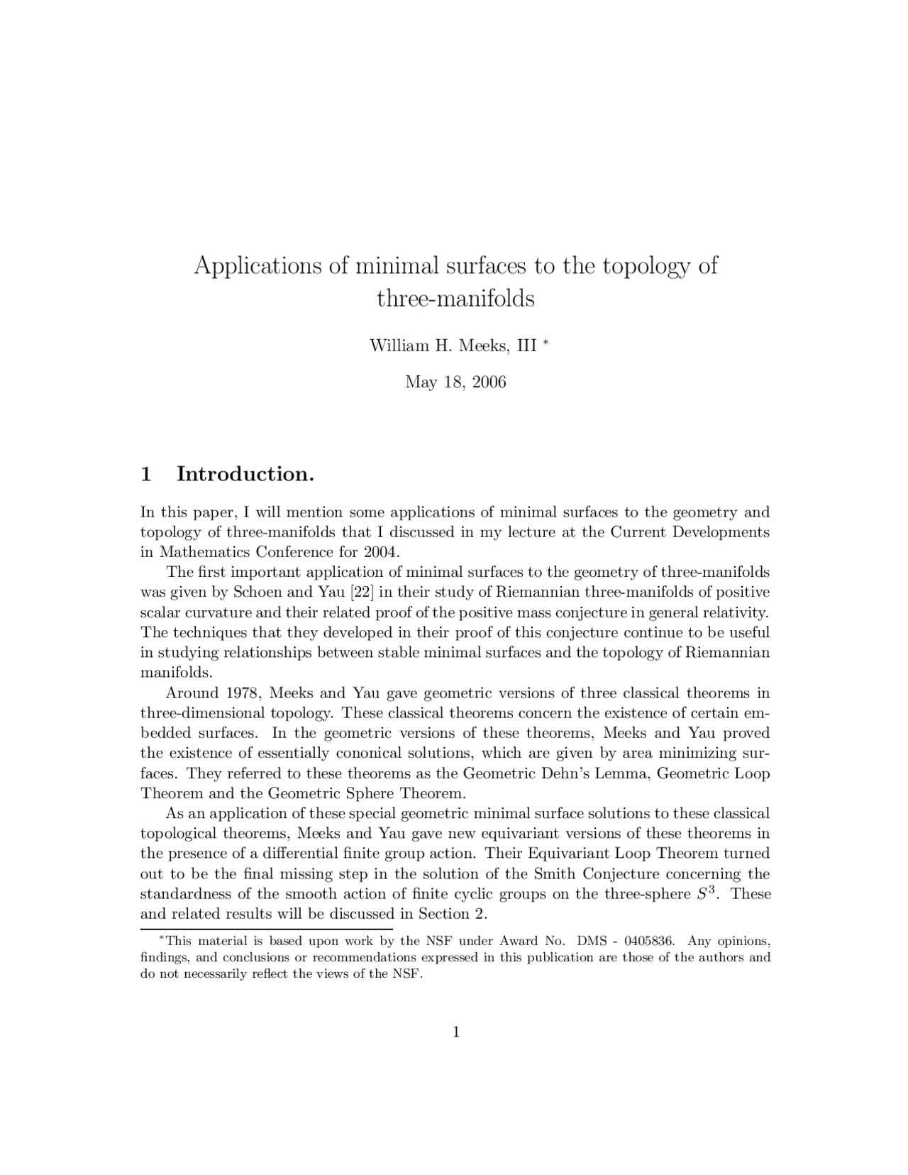 Applications of Minimal Surfaces to the Topology of Three-Manifolds ...