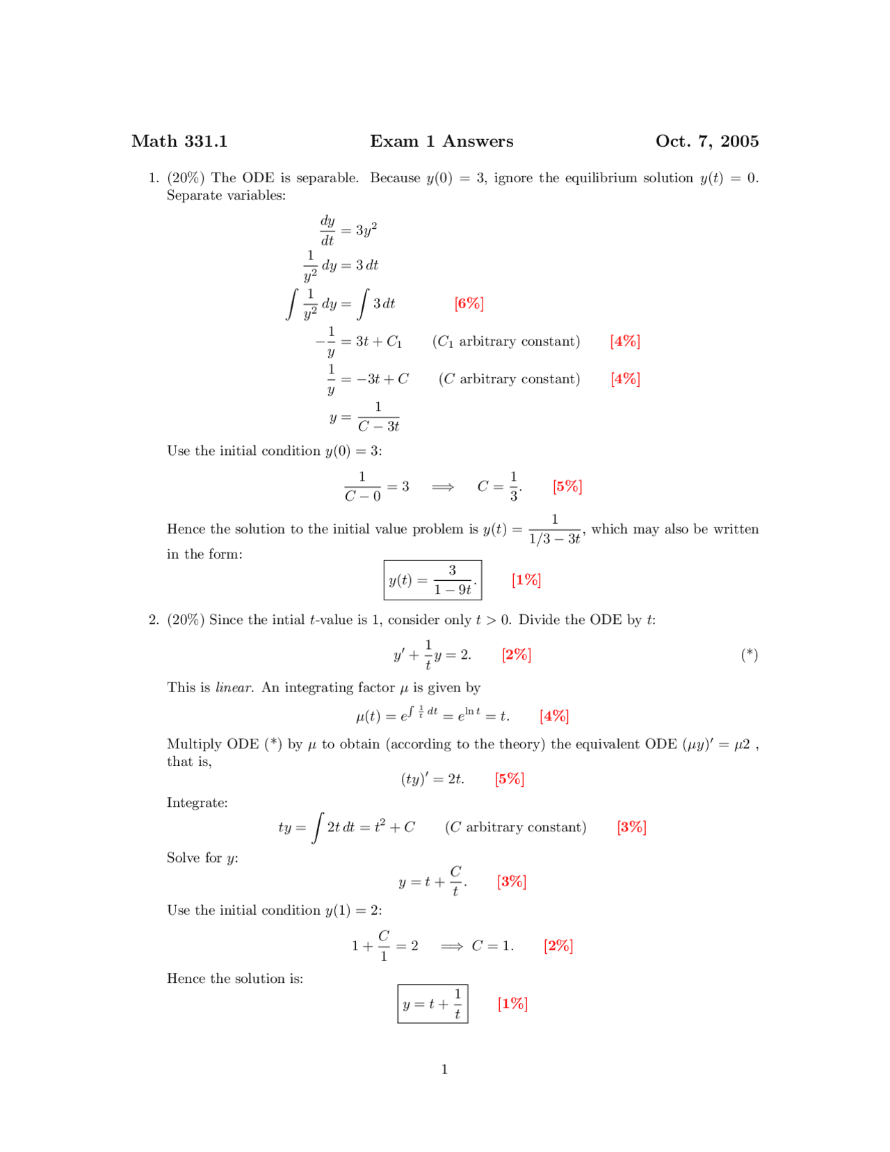 6 Solved Problems On Differential Equations Examination 1 Math 331