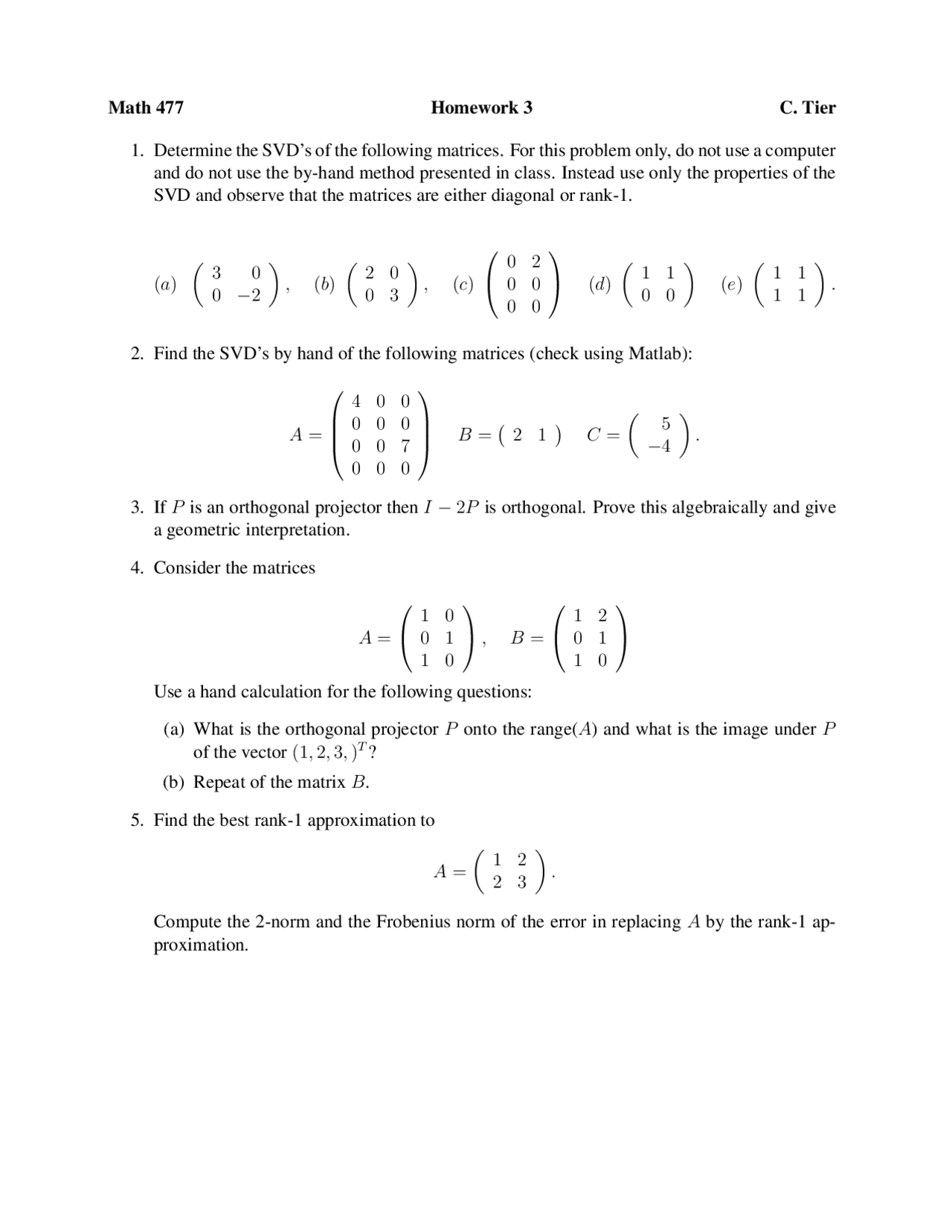 5 Problems on Numerical Linear Algebra - Homework 3 | MATH 477 ...