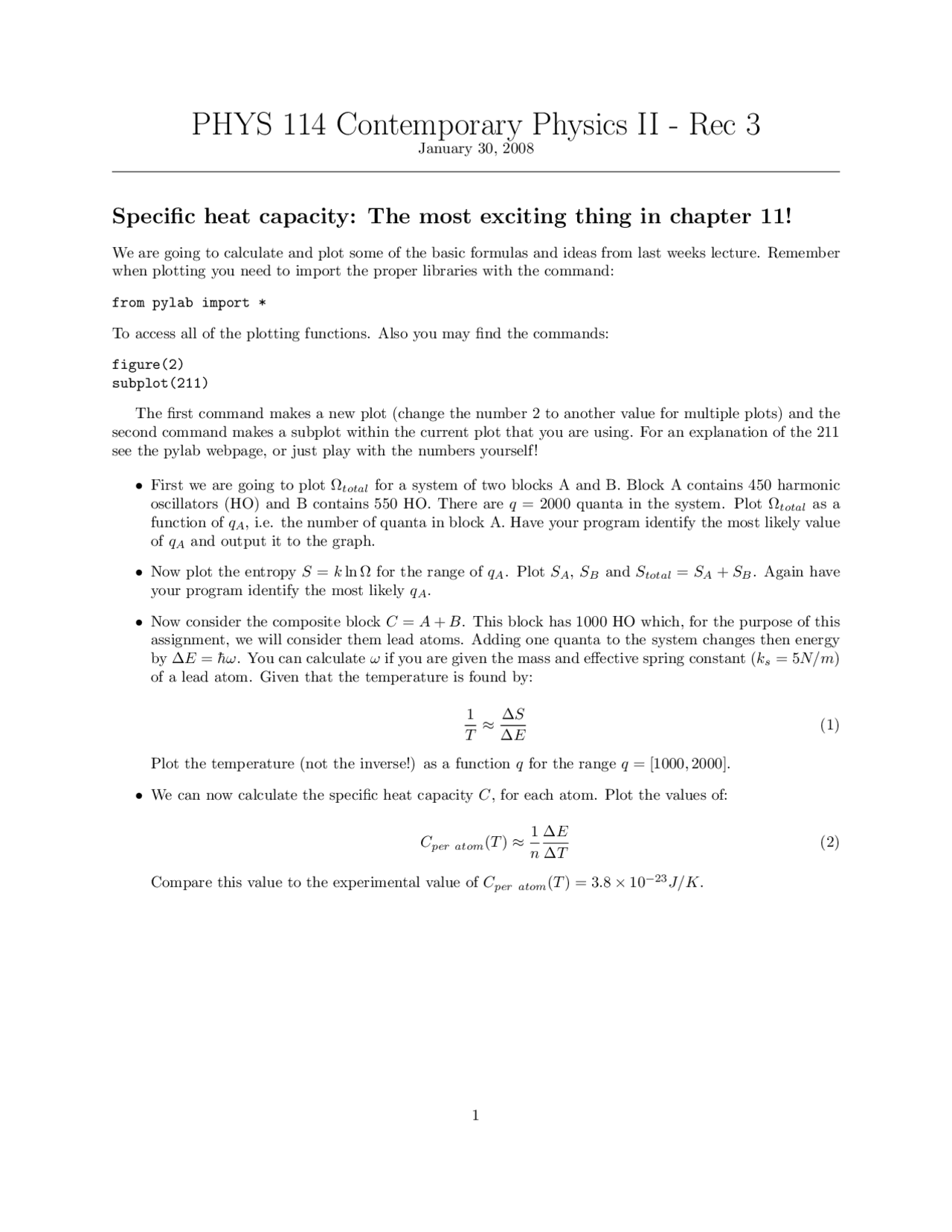 Specific Heat Capacity Handout Phys 114 Docsity