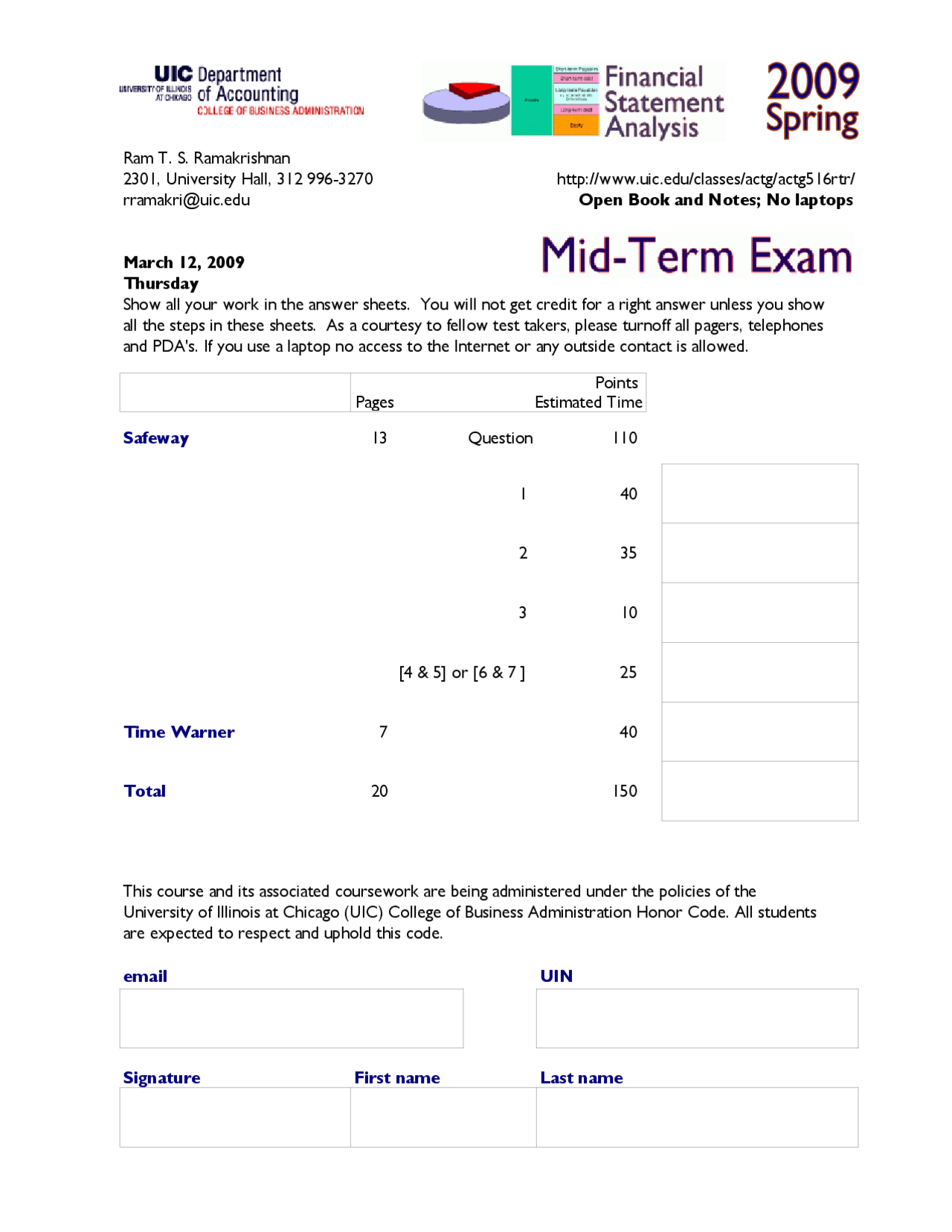 Financial Statement Analysis Midterm Exam 2009 Actg 516 Docsity