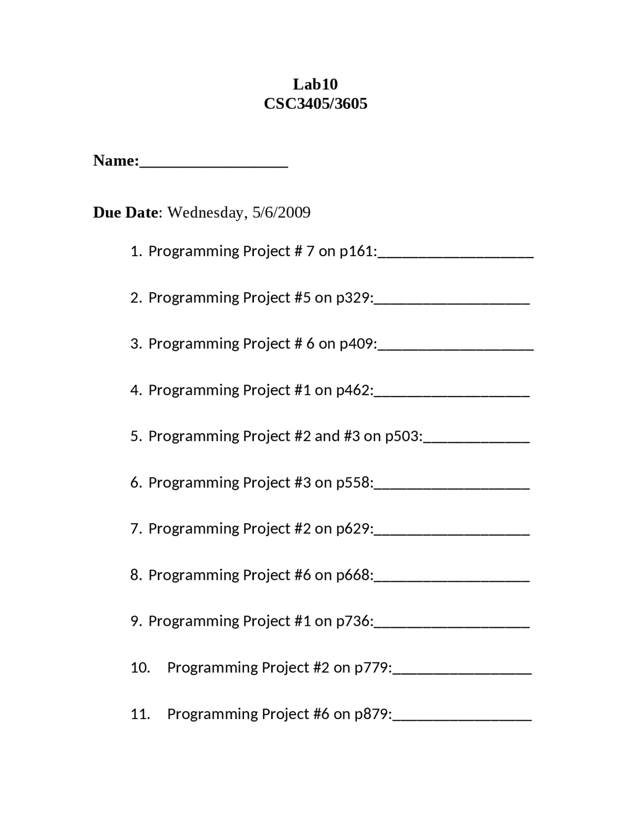 Introduction Computer Programming Lab 10 Project Csc 3405 Docsity 1412