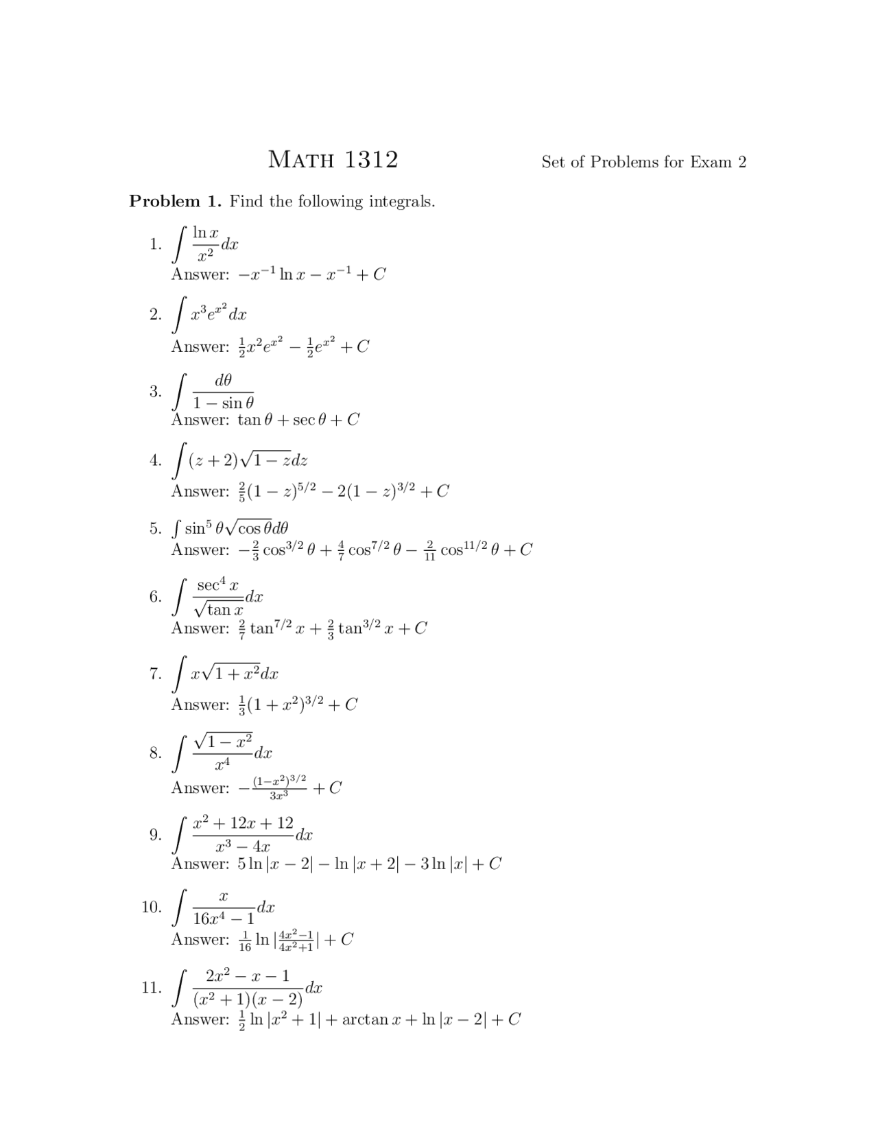 Sample Problems For Exam 2 Calculus Ii Math 1312 Docsity