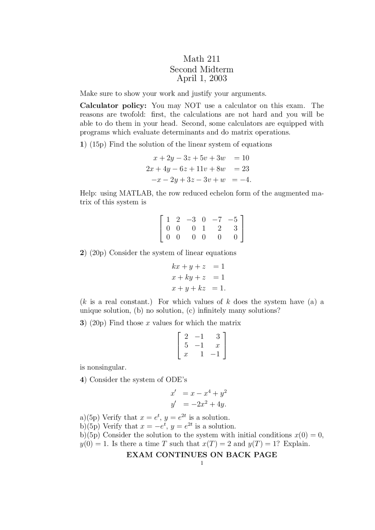 7 Questions In Midterm Exam 2 Ordinary Differential Equations Math